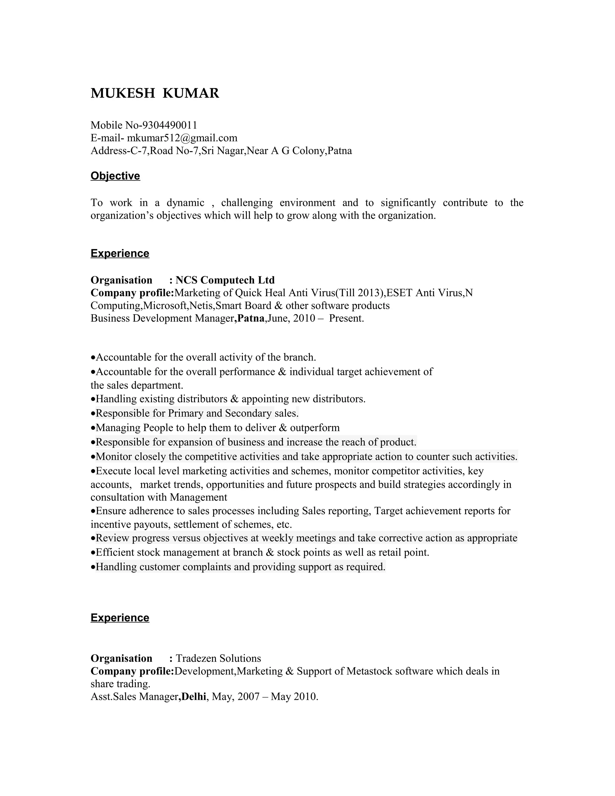resume-mukesh | DOC | Sales | Business