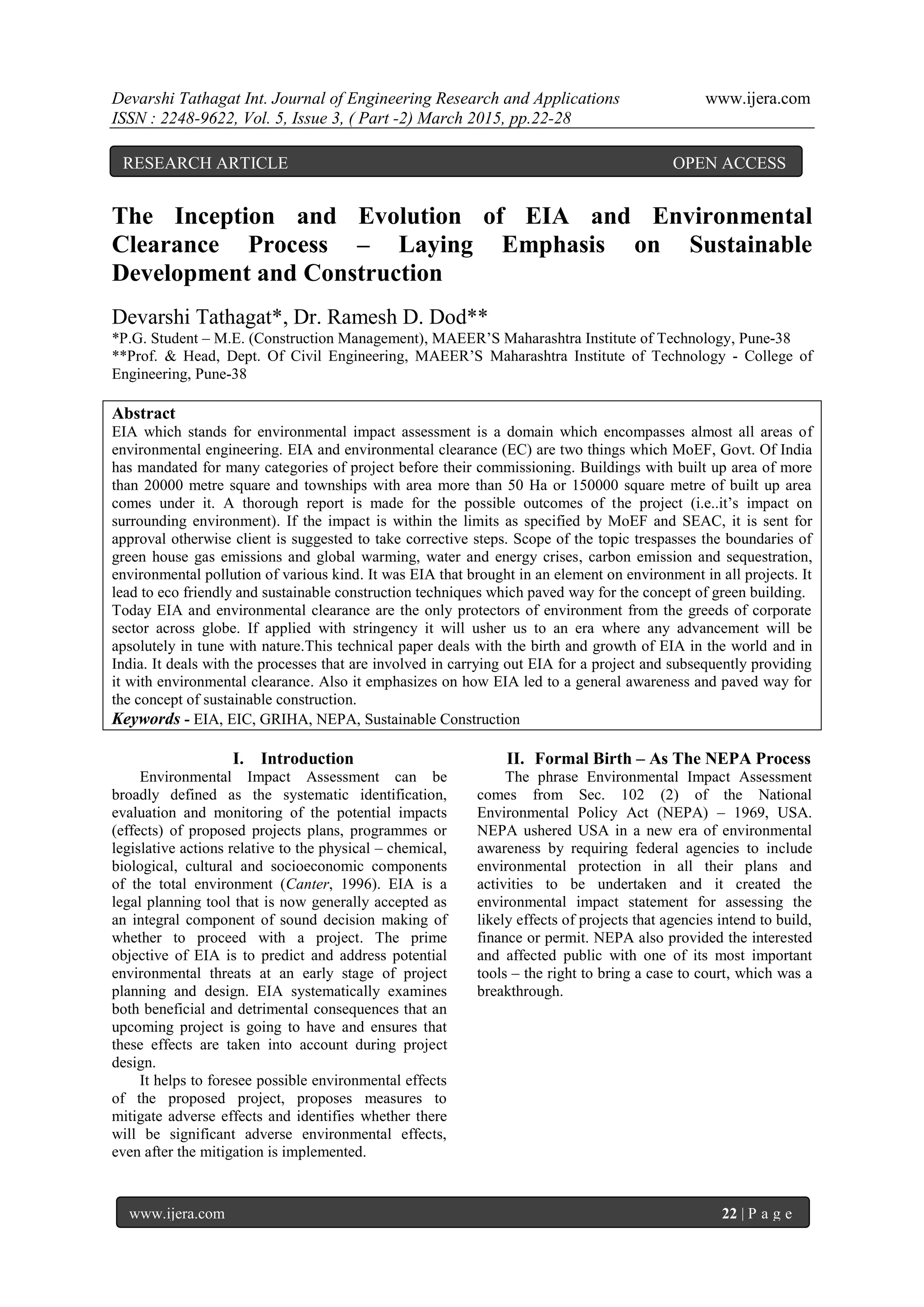 The Inception and Evolution of EIA and Environmental Clearance Process ...