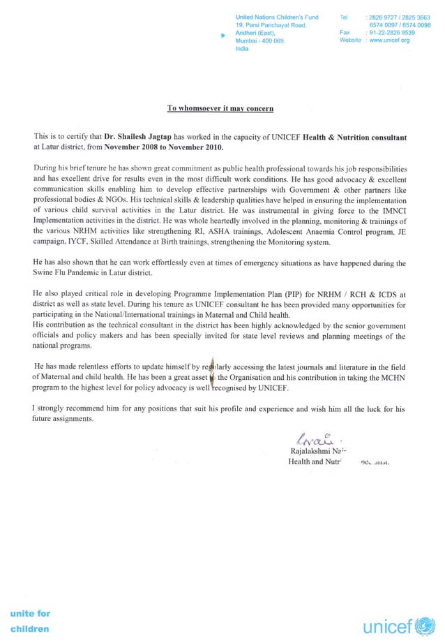 Experience Certificate UNICEF Maharashtra | PDF