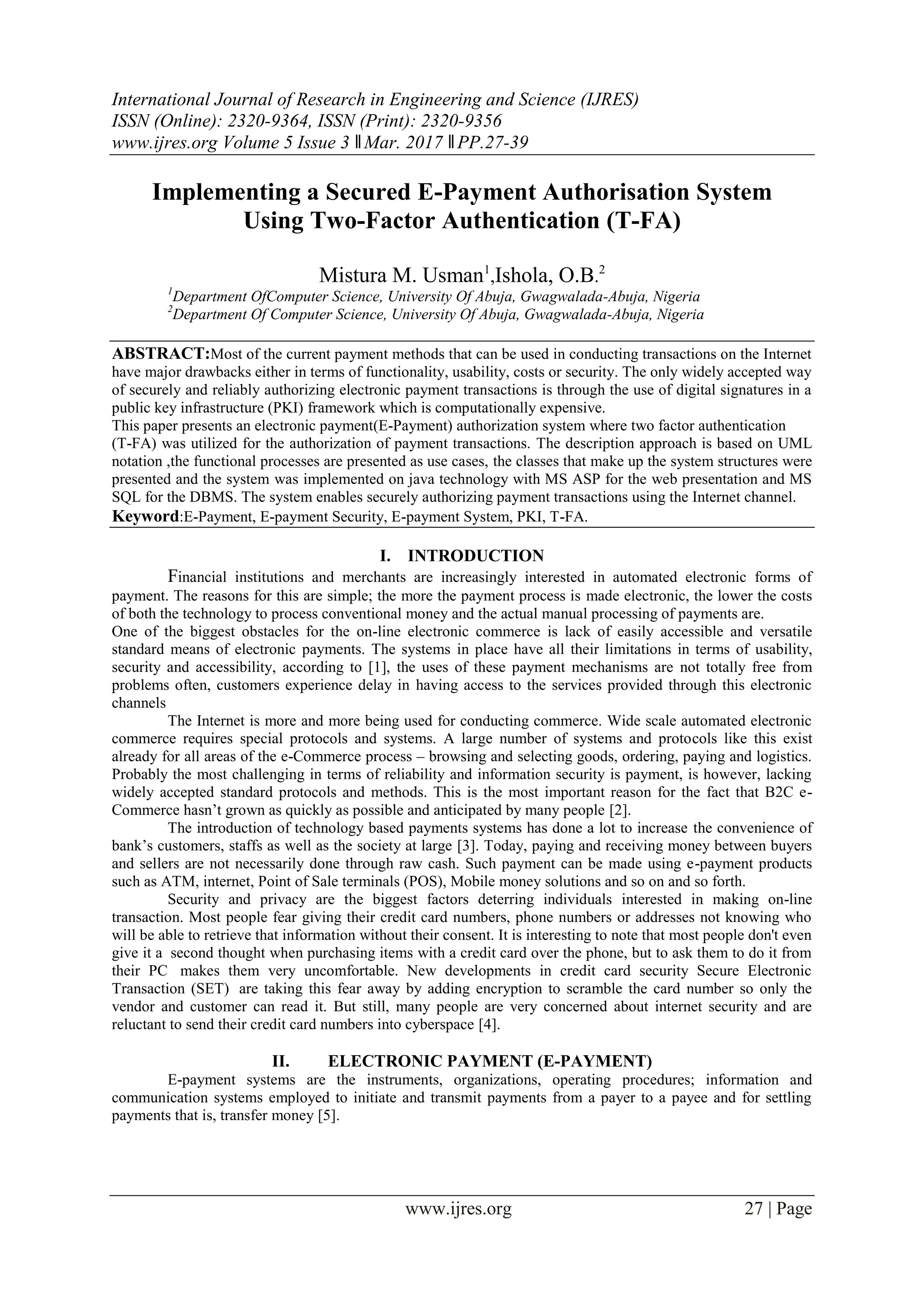 Implementing A Secured E Payment Authorisation System Using Two Factor Authentication T Fa Pdf
