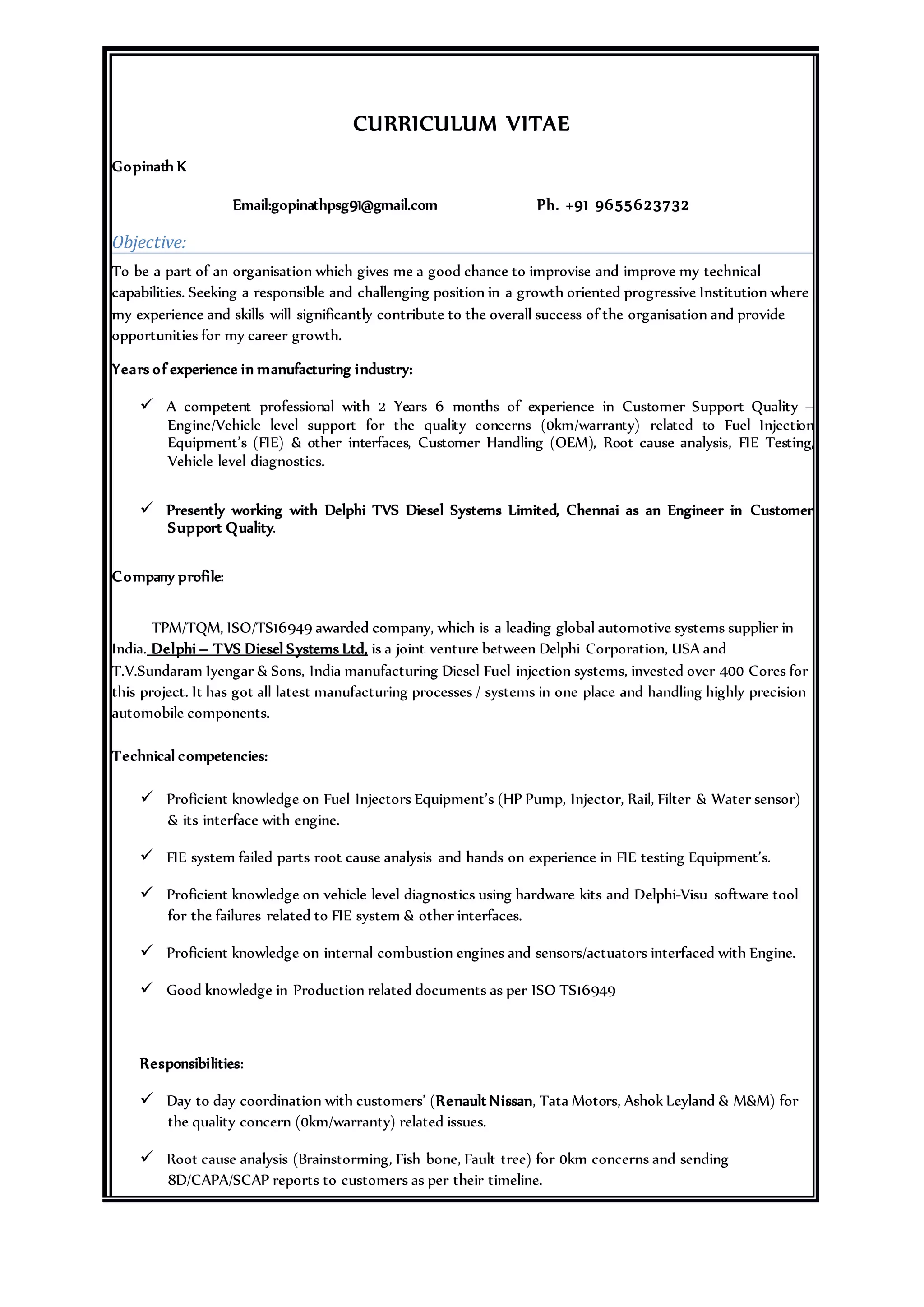 Gopinath resume | DOCX | Automotive Industry | Industries