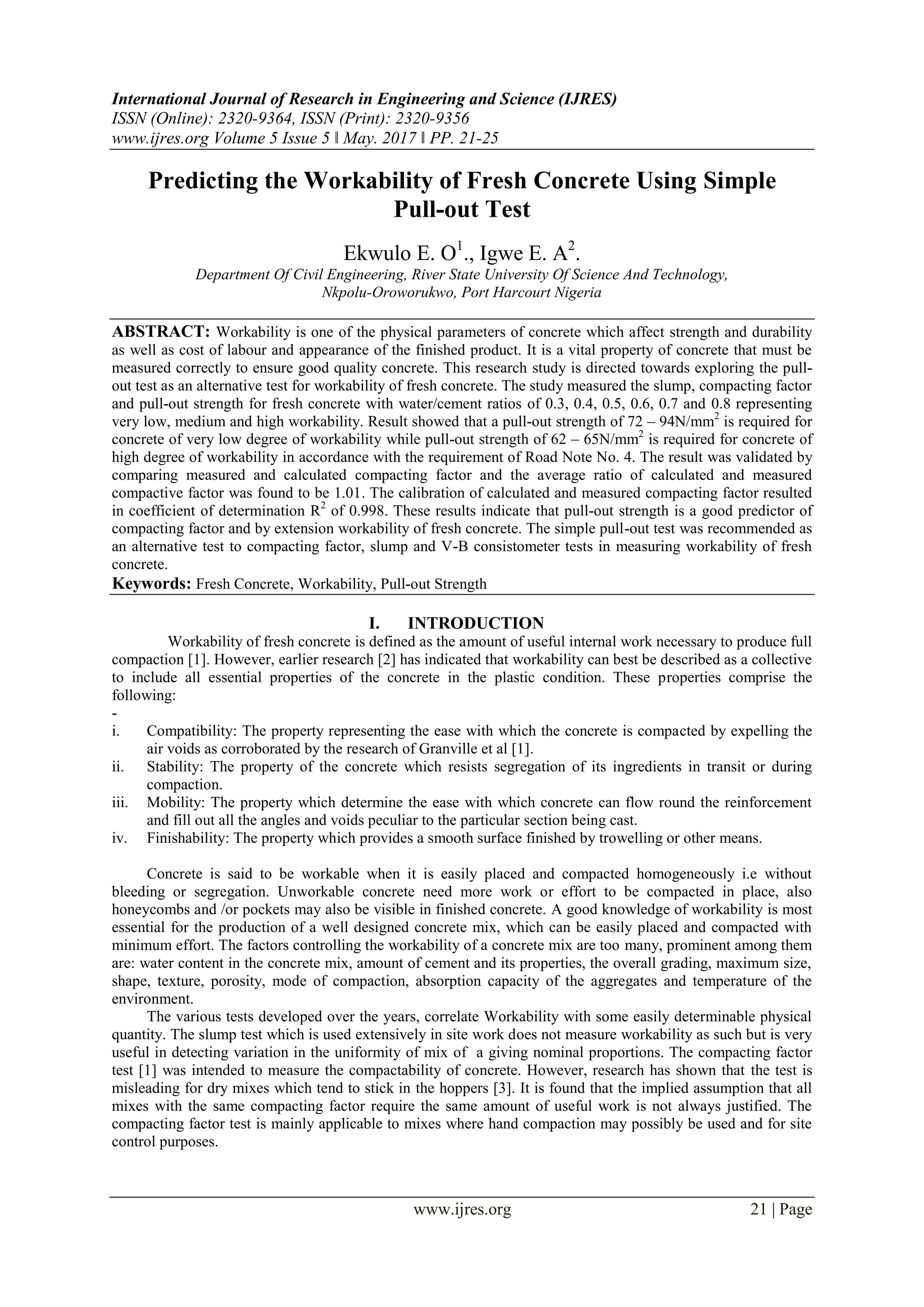 Predicting the Workability of Fresh Concrete Using Simple Pull-out Test ...
