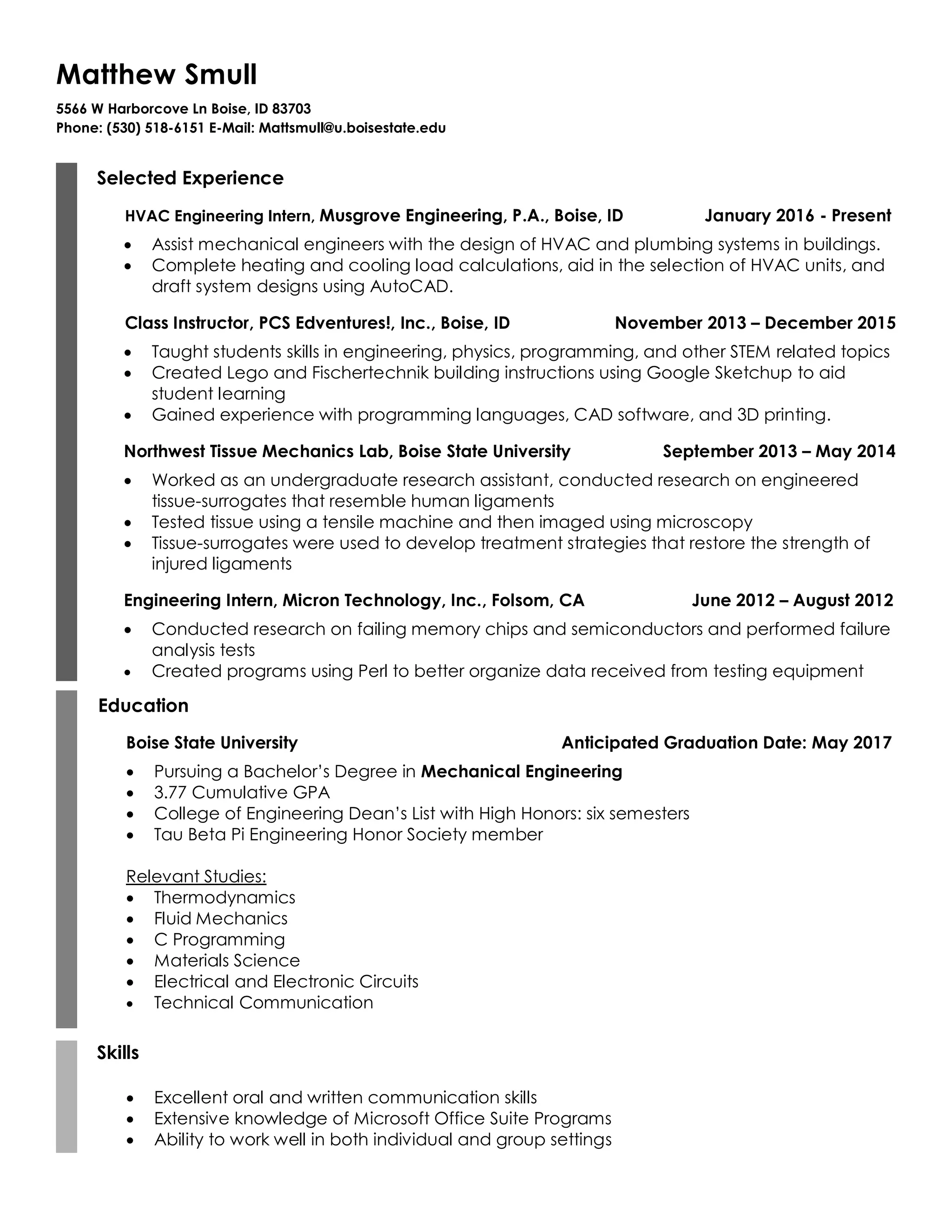 Matt Smull Resume | PDF | Undergraduate Education | College Education