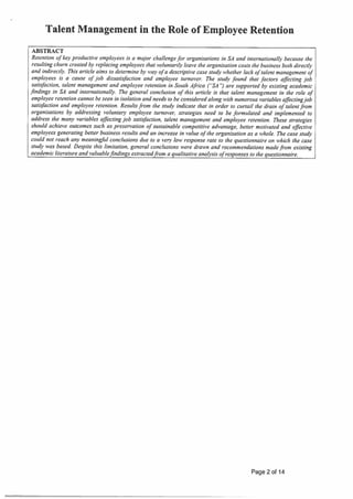 Talent Management in the Role of Employee Retention (Tanton 2007) | PDF