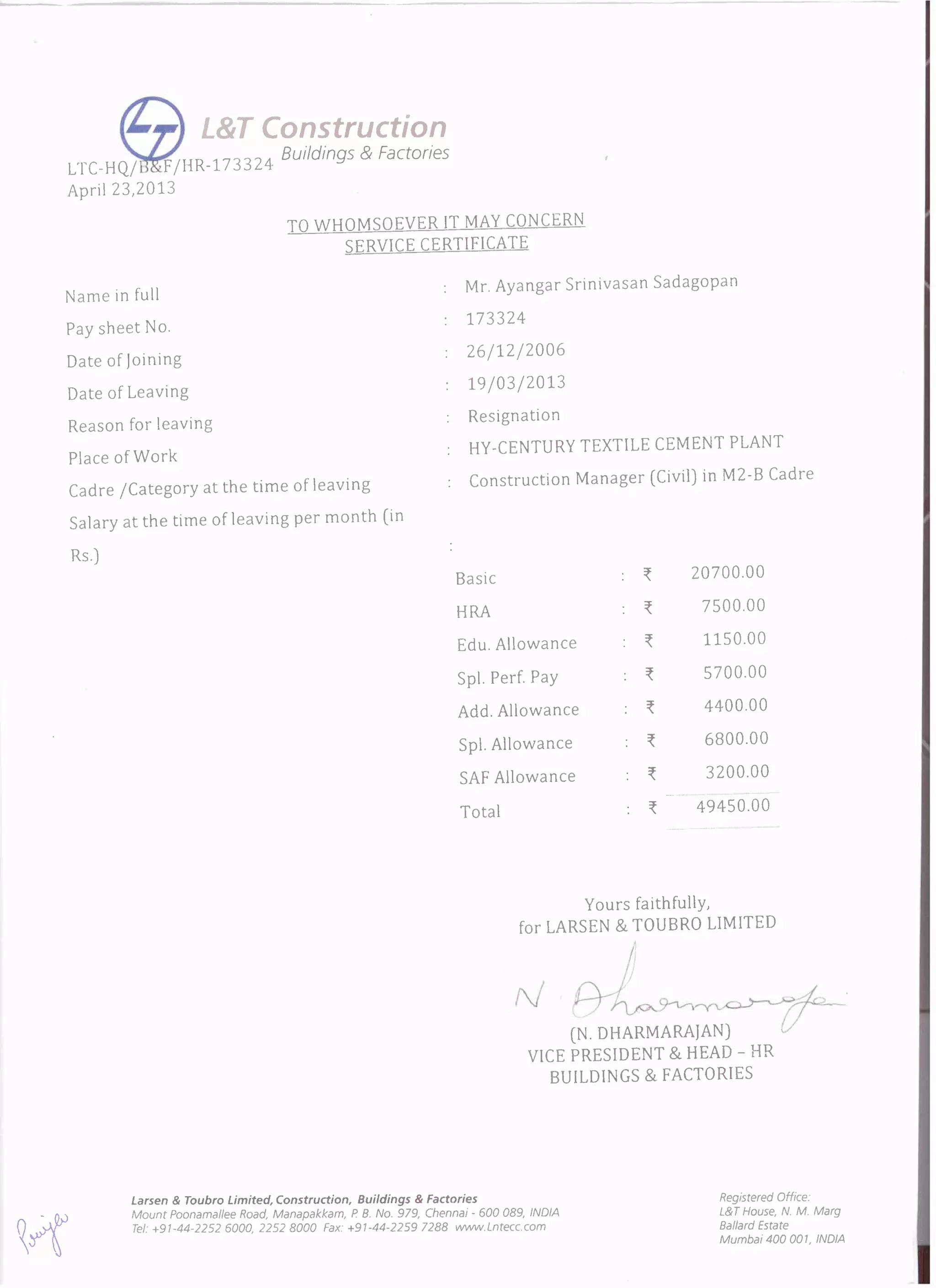 L&T Experience Certificate | PDF
