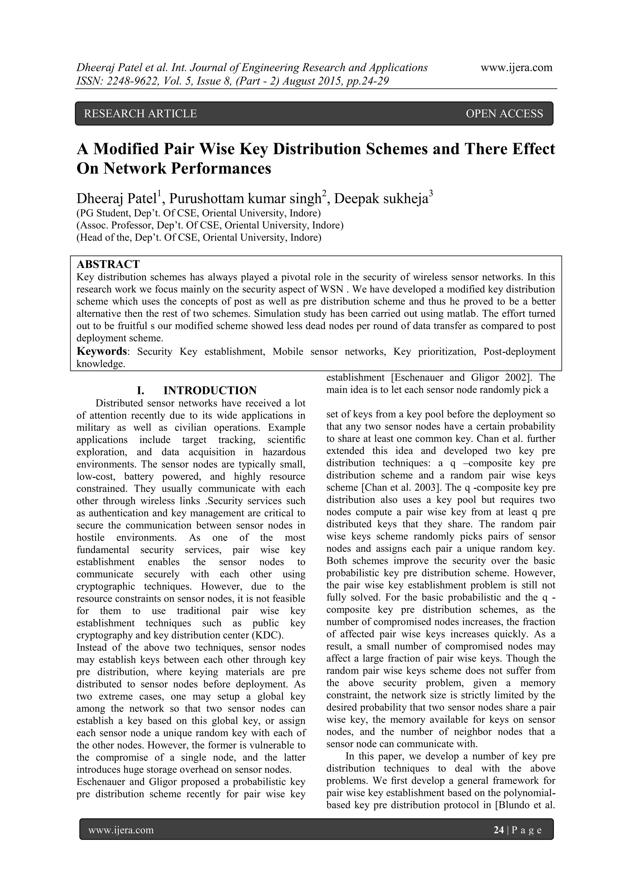 A Modified Pair Wise Key Distribution Schemes and There Effect On Network Performances | PDF