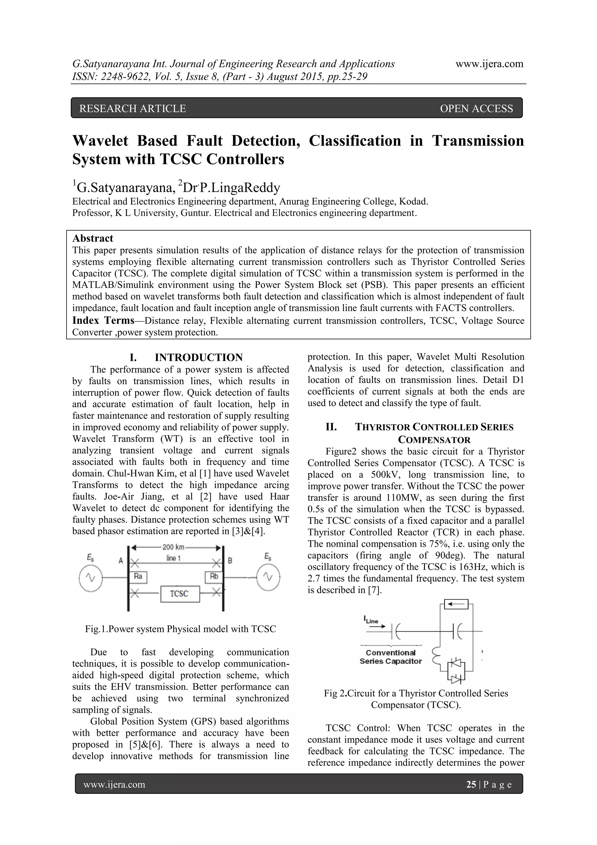 Wavelet Based Fault Detection, Classification in Transmission System with TCSC Controllers | PDF