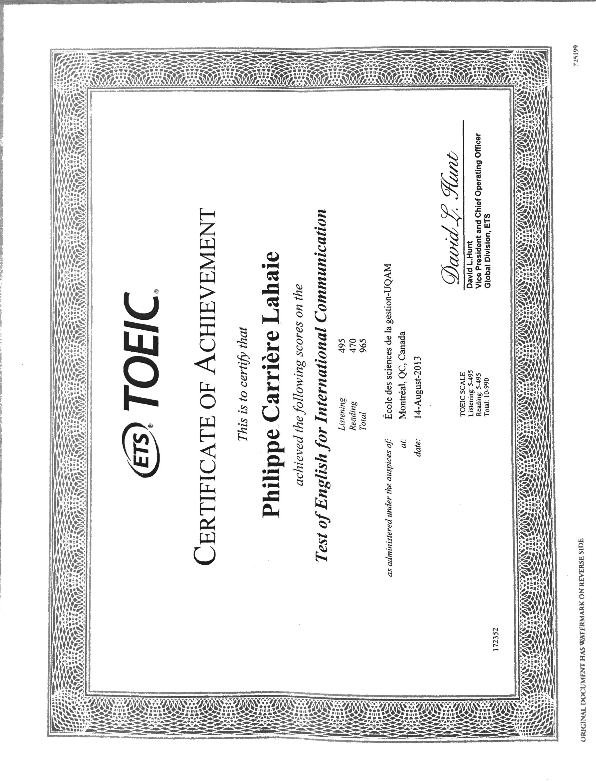 Certificate of Achievement TOEIC | PDF