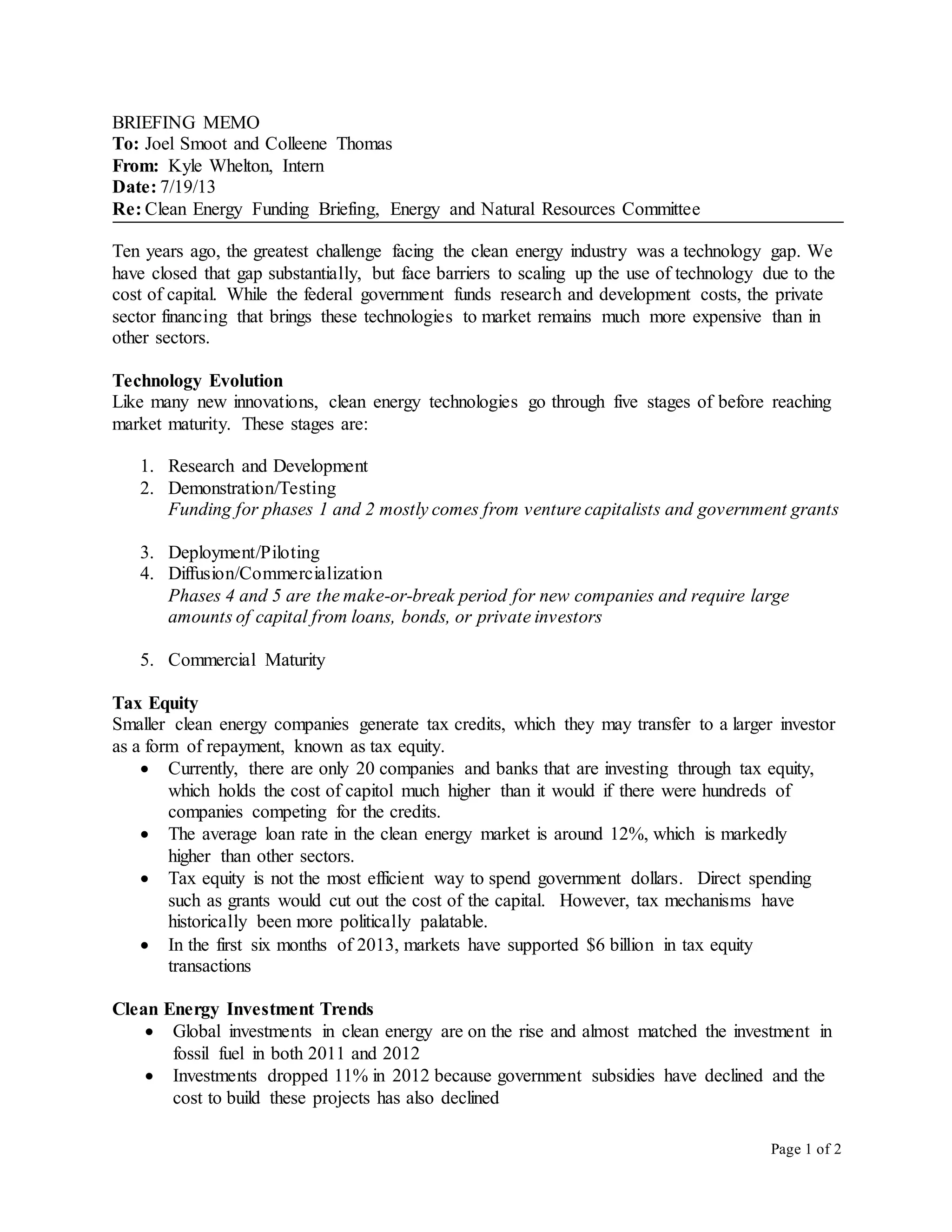 Clean Energy Funding Memo | DOCX