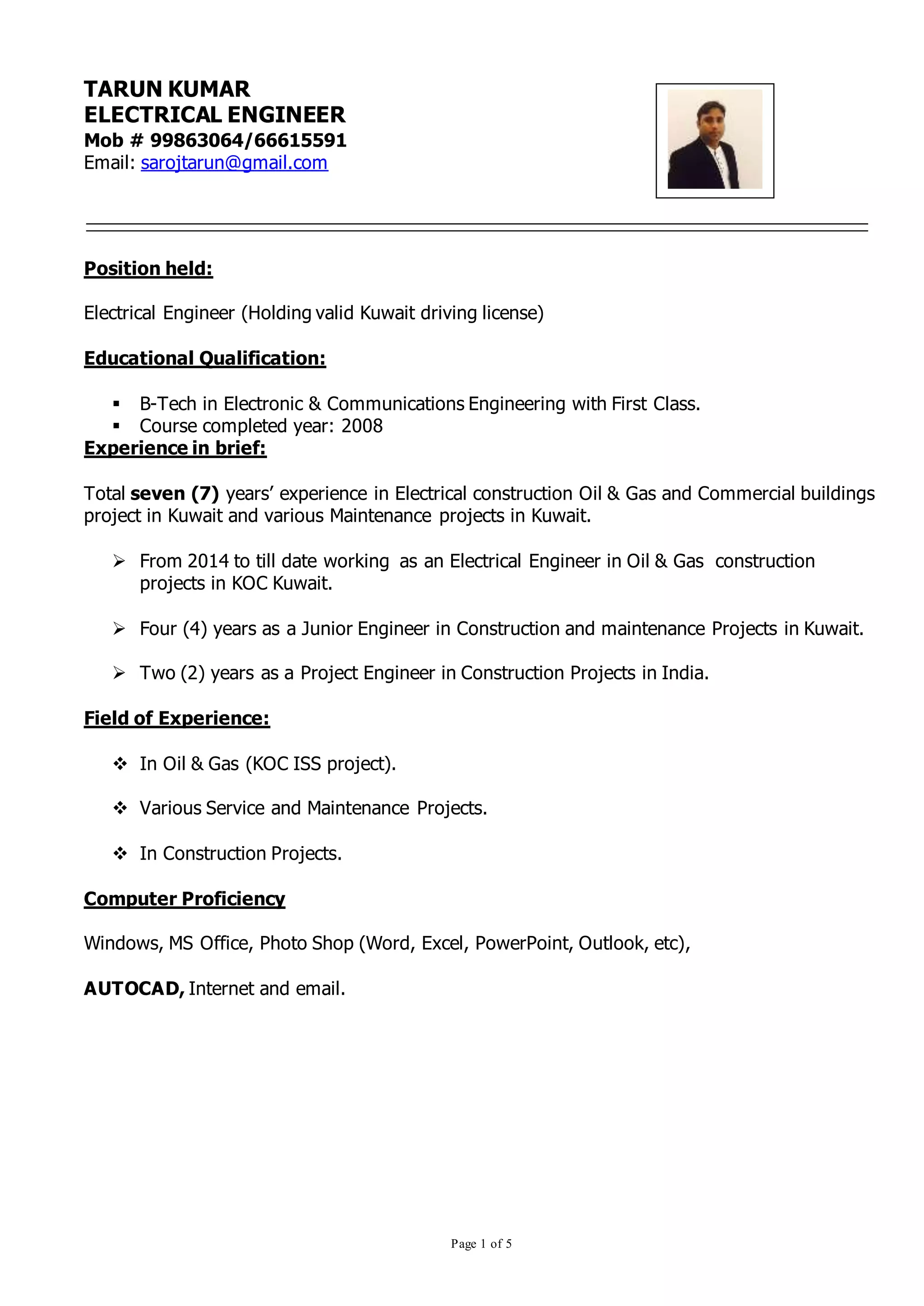 CV - Tarun (Electrical Engineer) | DOCX