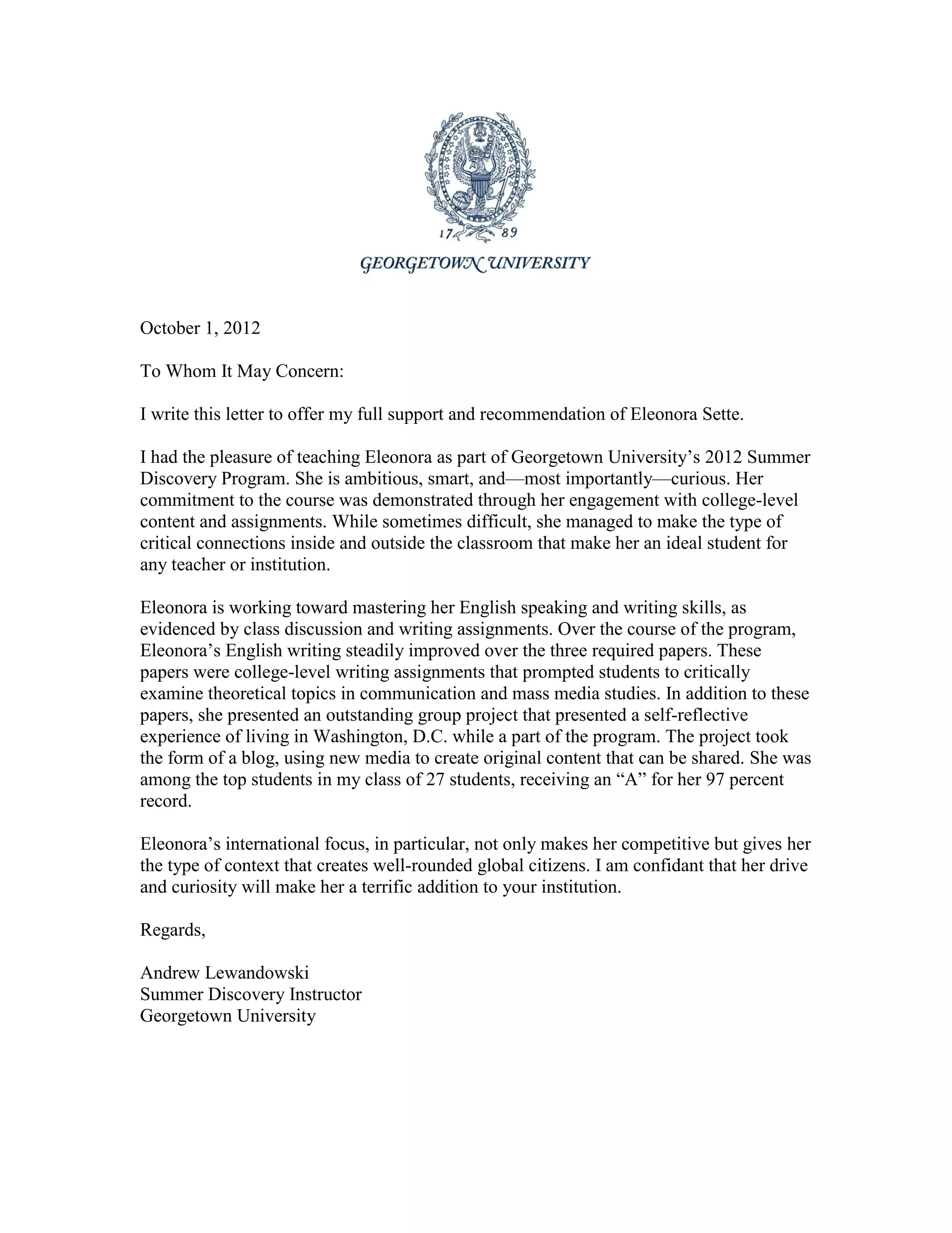 Letter of Rec_Eleonora Sette | PDF