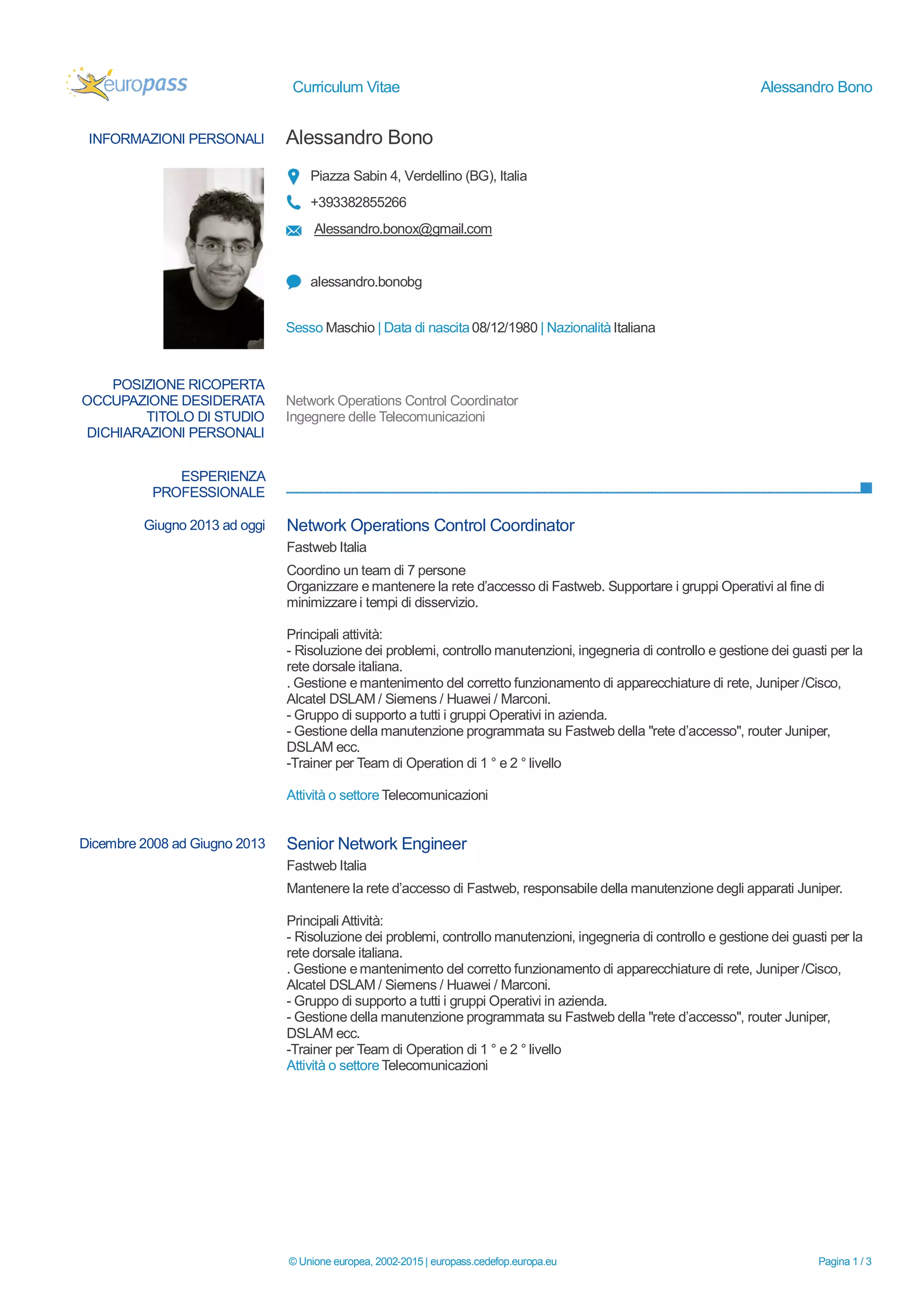 AlessandroBono-CV | PDF | Telecommunications Industry | Industries