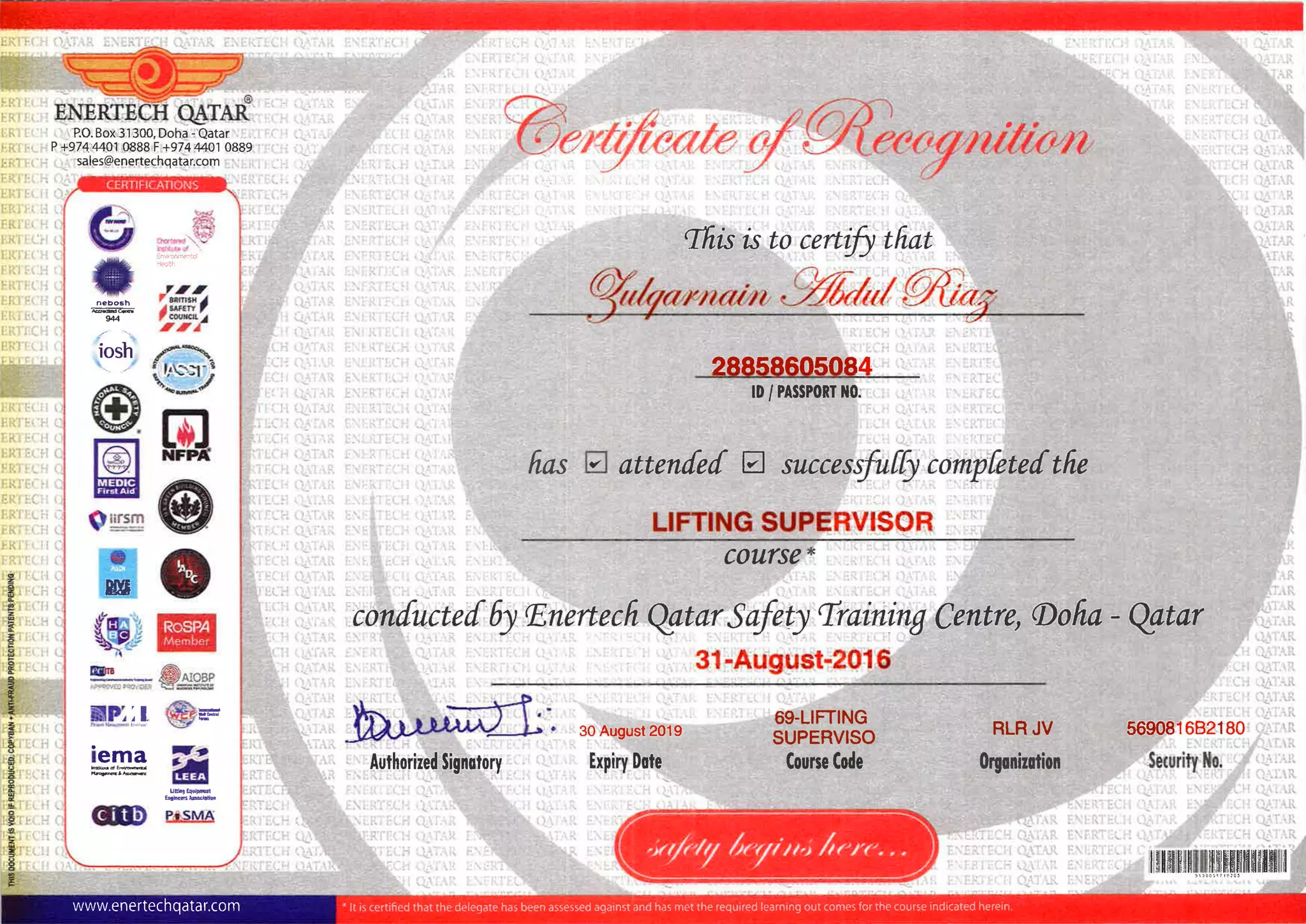 Lifting Supervisor Certificate | PDF
