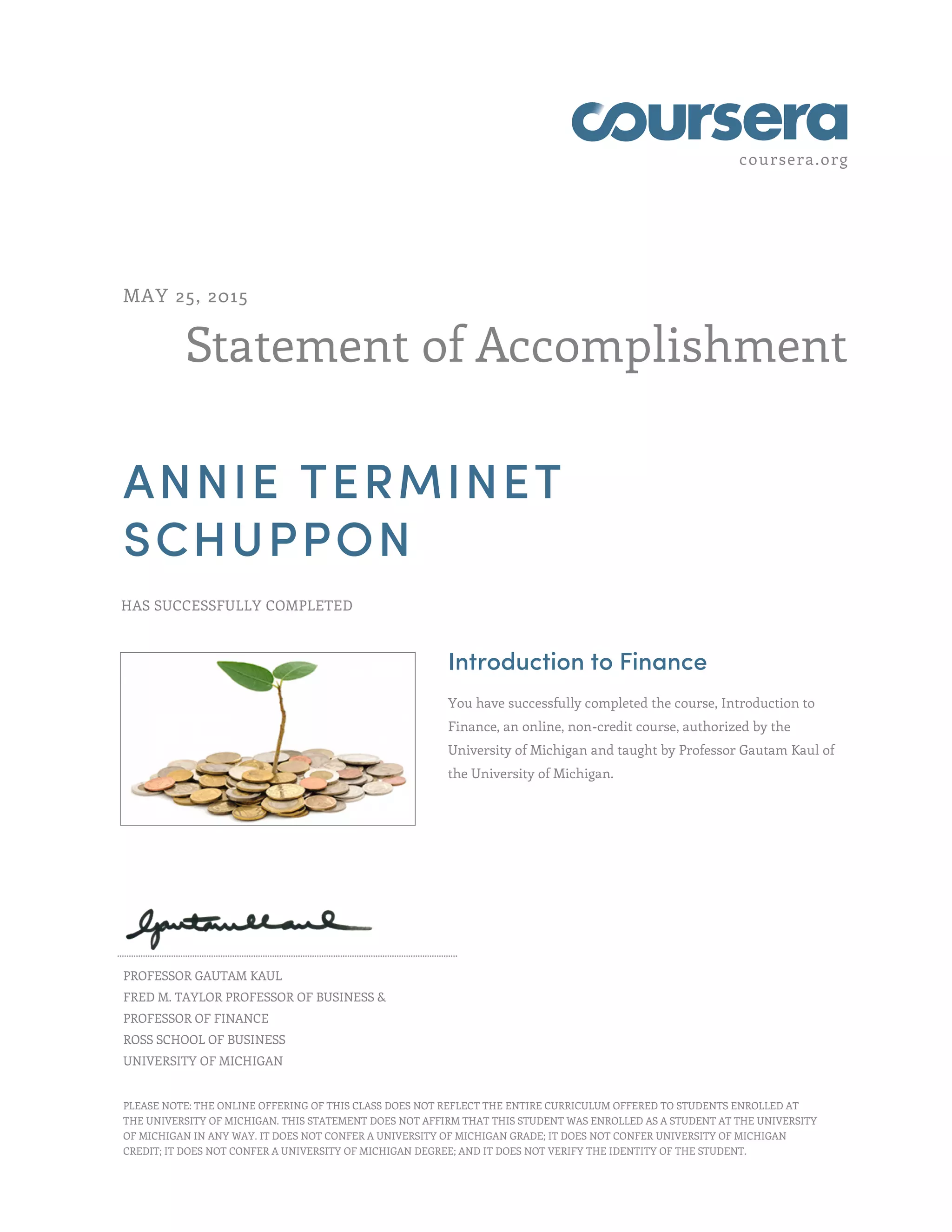 Annie Terminet Schuppon - University of Michigan - Finance statement of ...