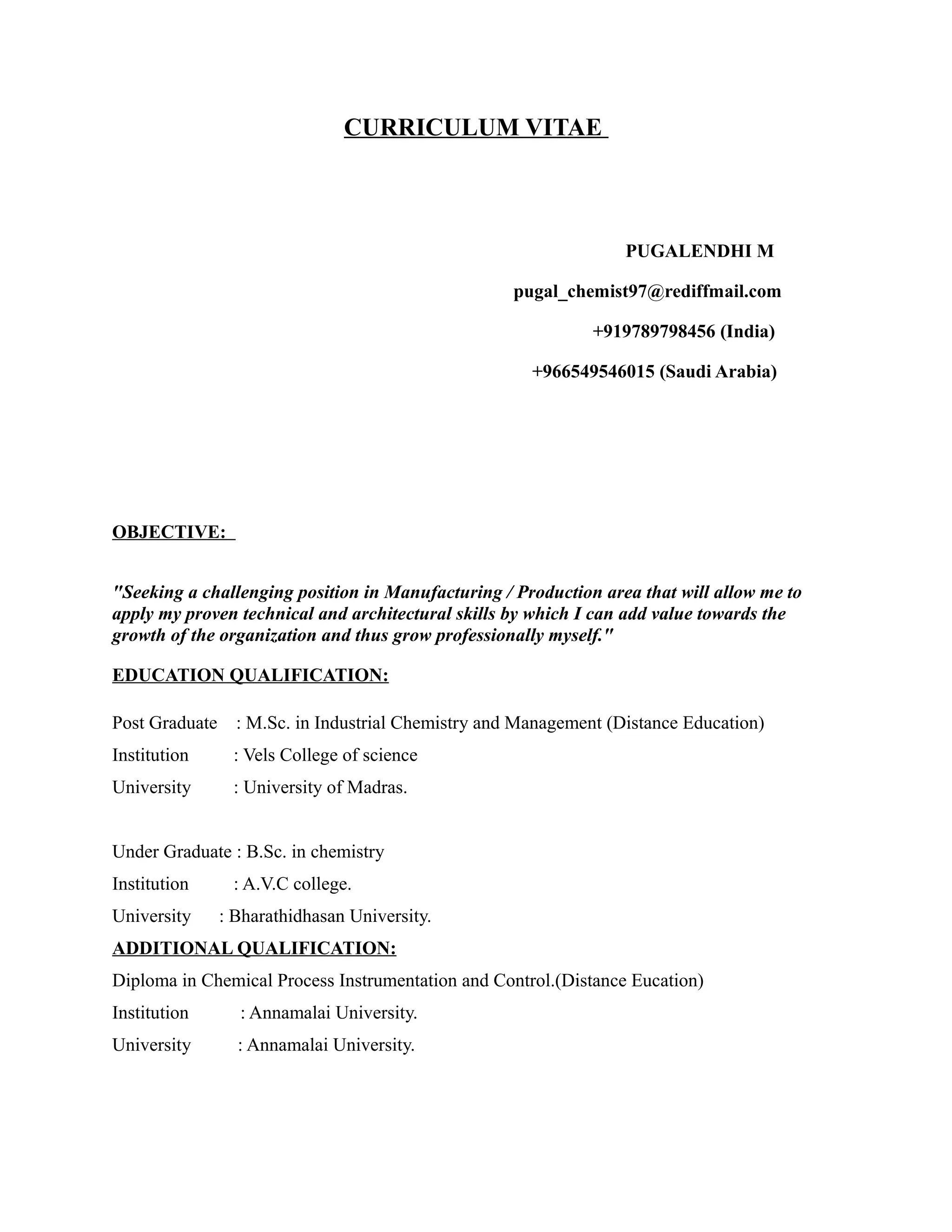 pugal.resume. new | RTF | Chemistry | Science