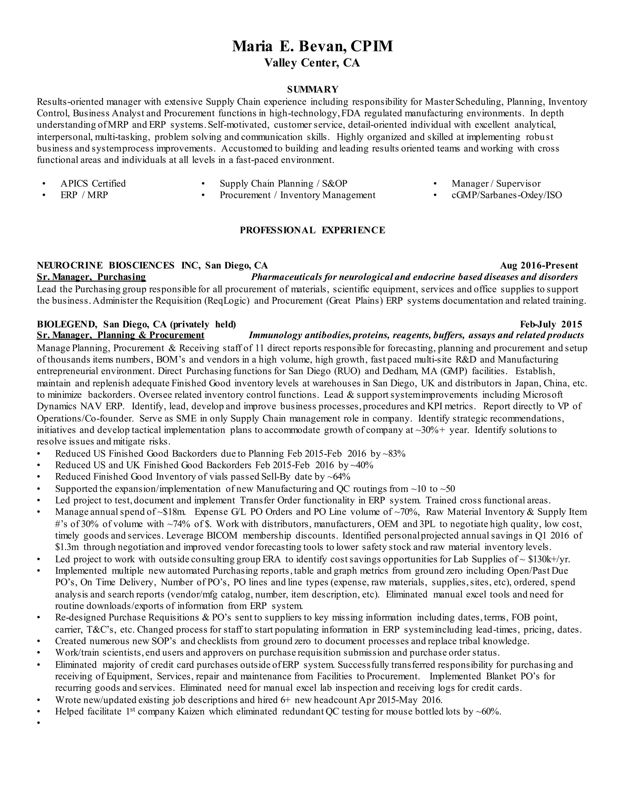 Maria Bevan CPIM Resume | DOCX | Logistics | Business