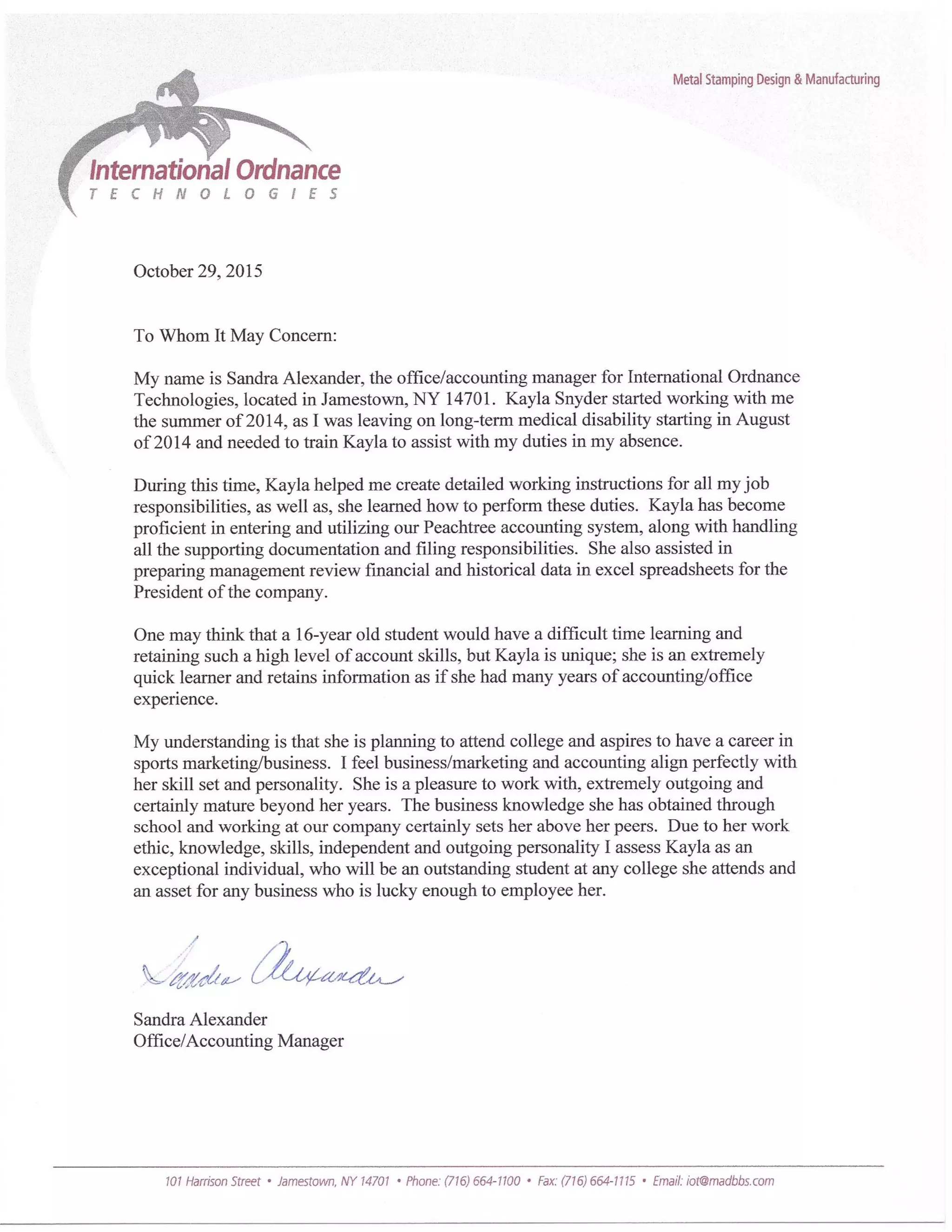 IOT Letter of Recommendation - Kayla Snyder | PDF