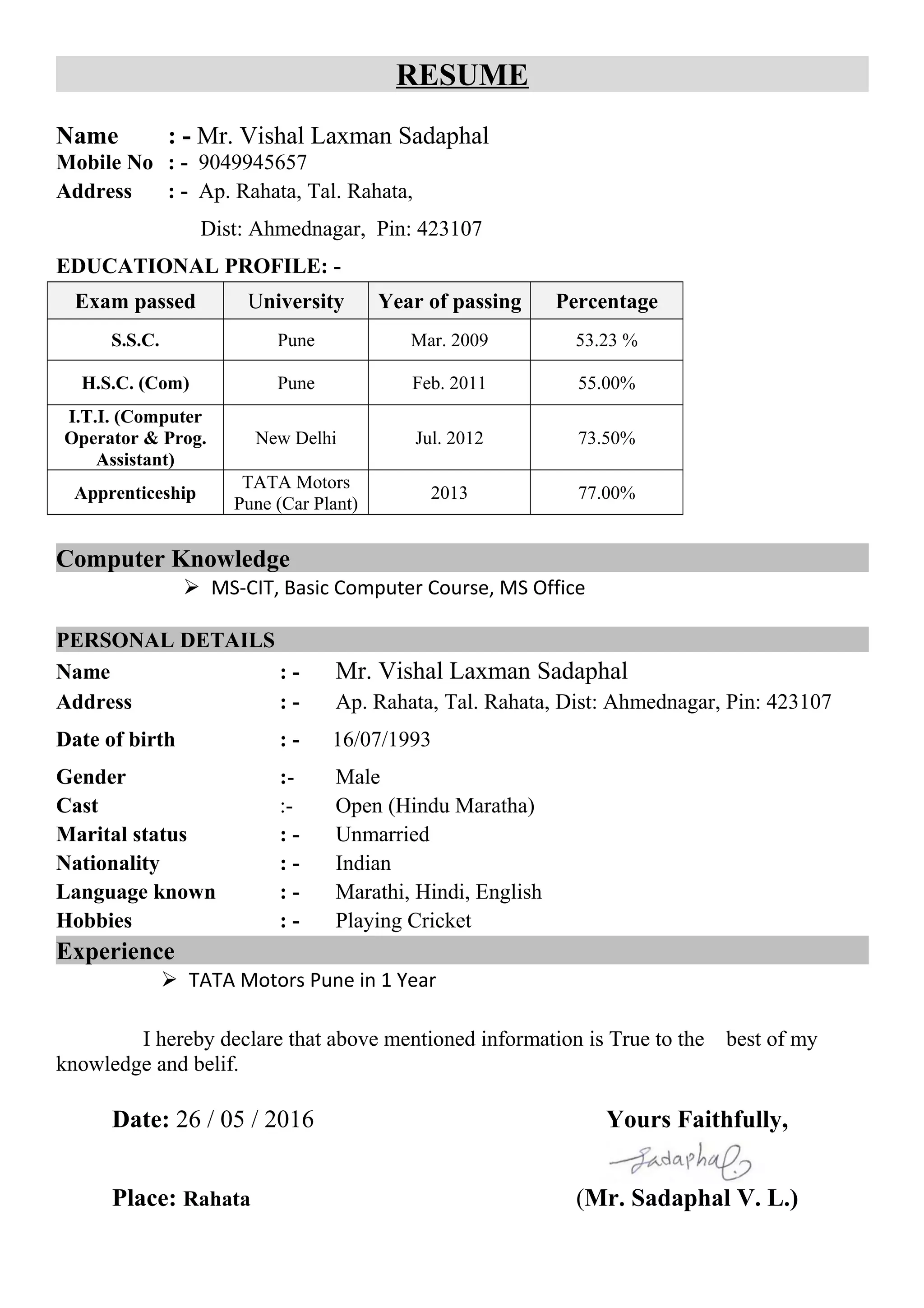 Vishal Sadaphal - Resume | DOC