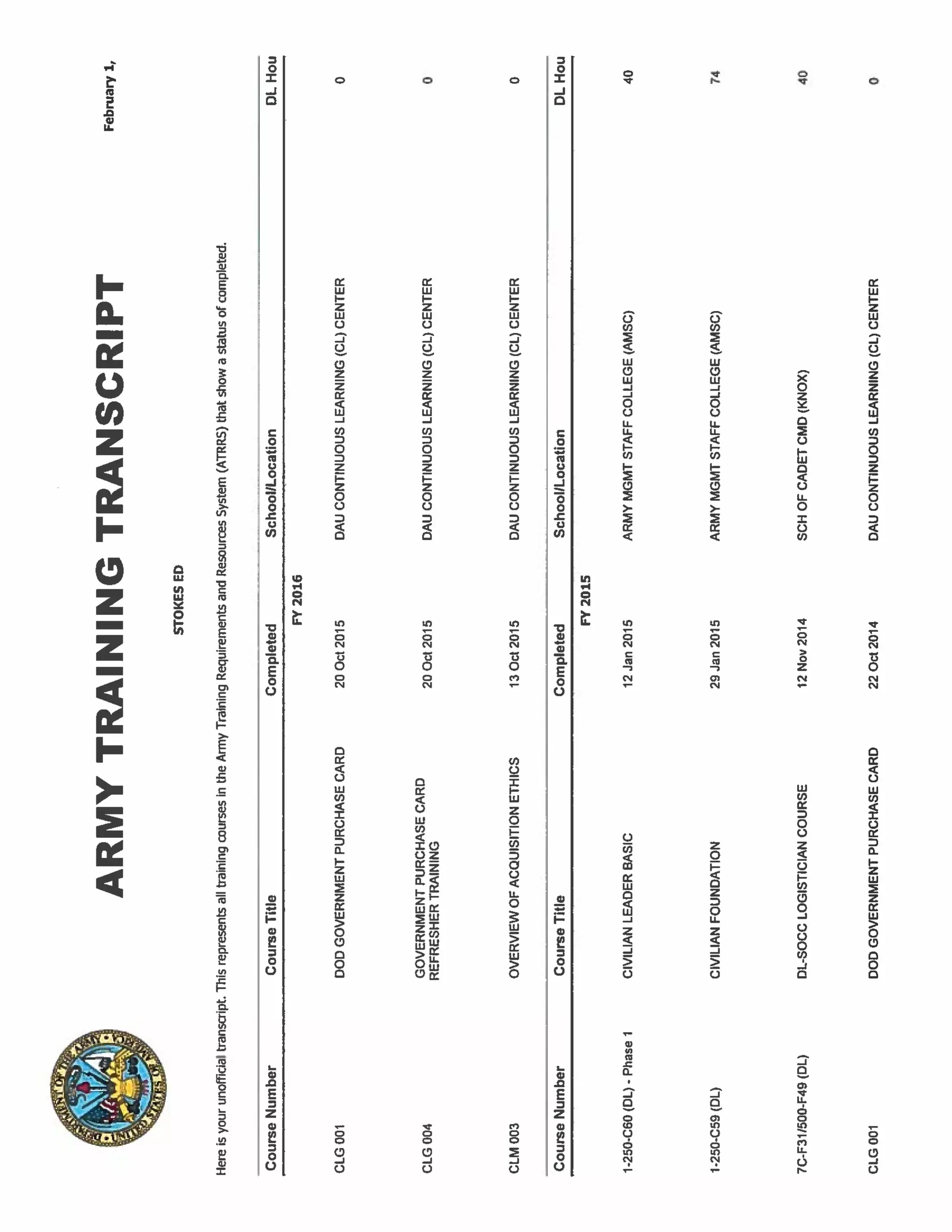 Army Training Transcript | PDF