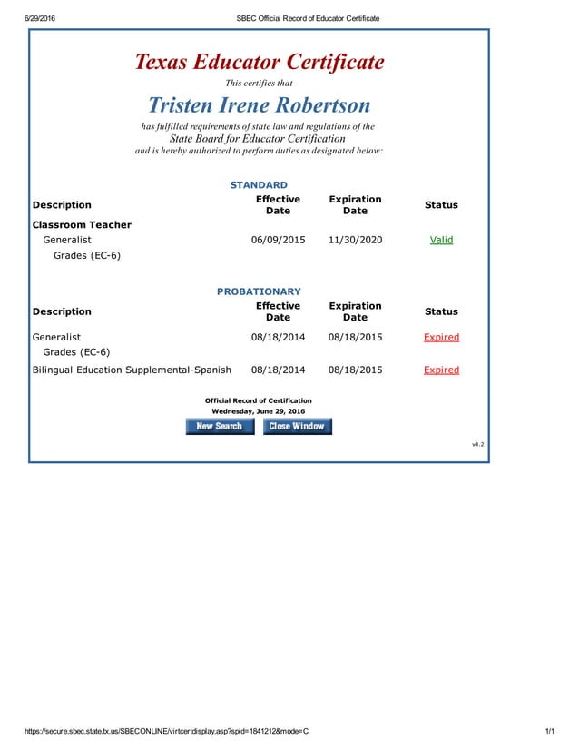 SBEC Official Record of Educator Certificate | PDF