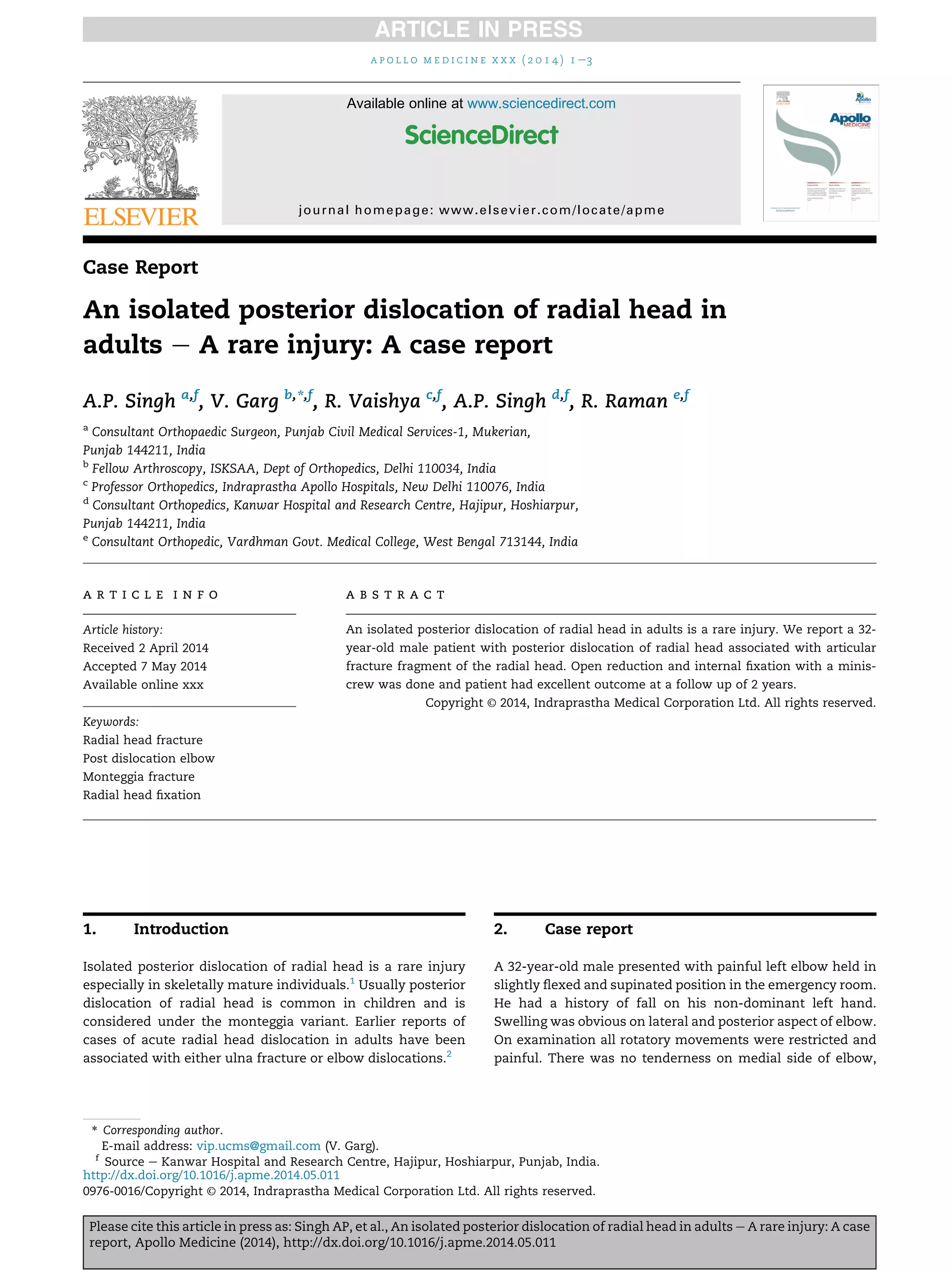 An isolated posterior dislocation of radial head in adults - A rare ...
