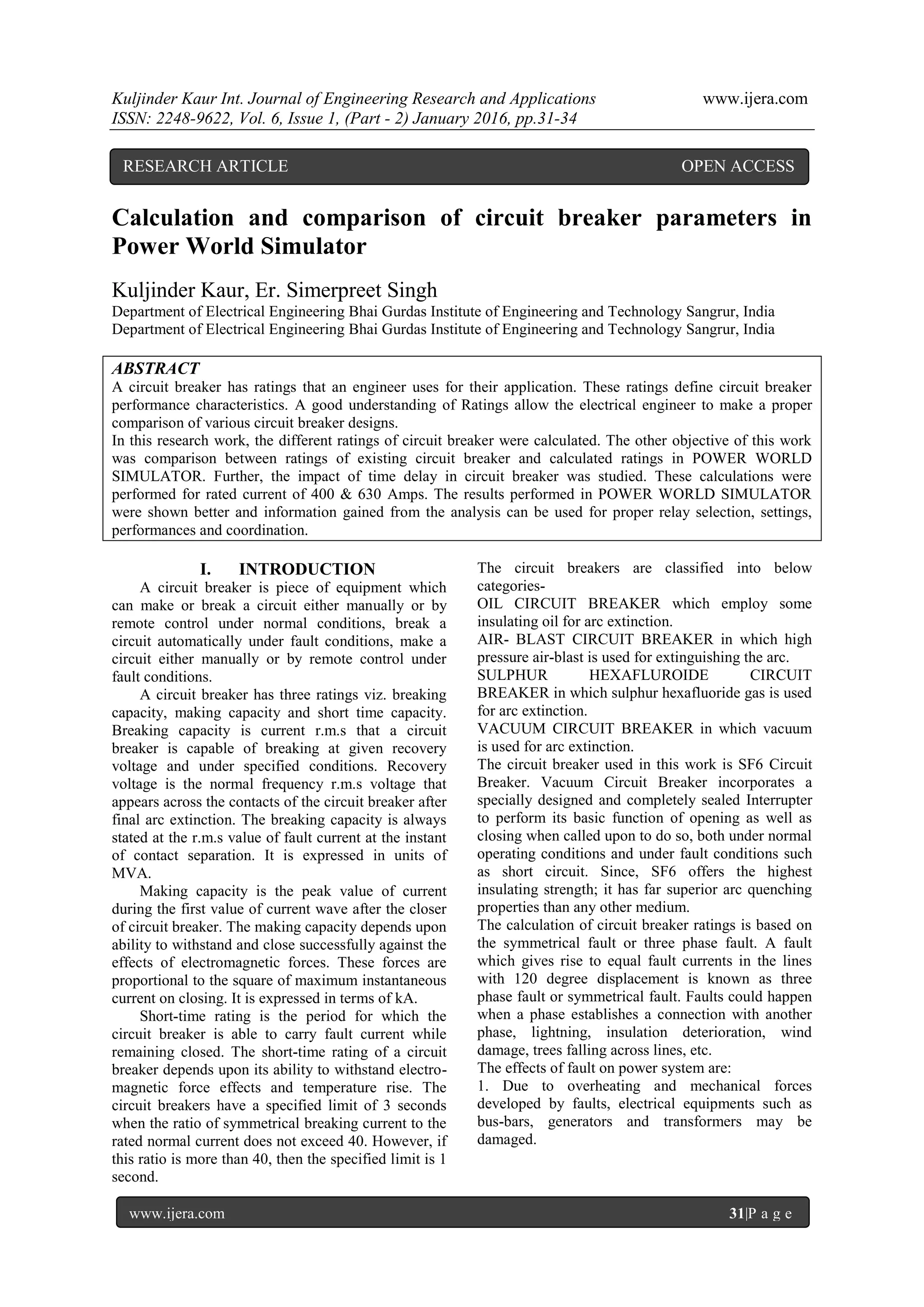 Calculation and comparison of circuit breaker parameters in Power World ...