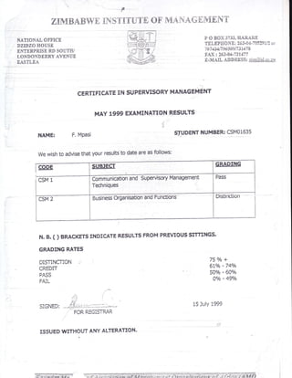 Farai Mpasi Certificate in Supervisory Management Results-1 | PDF