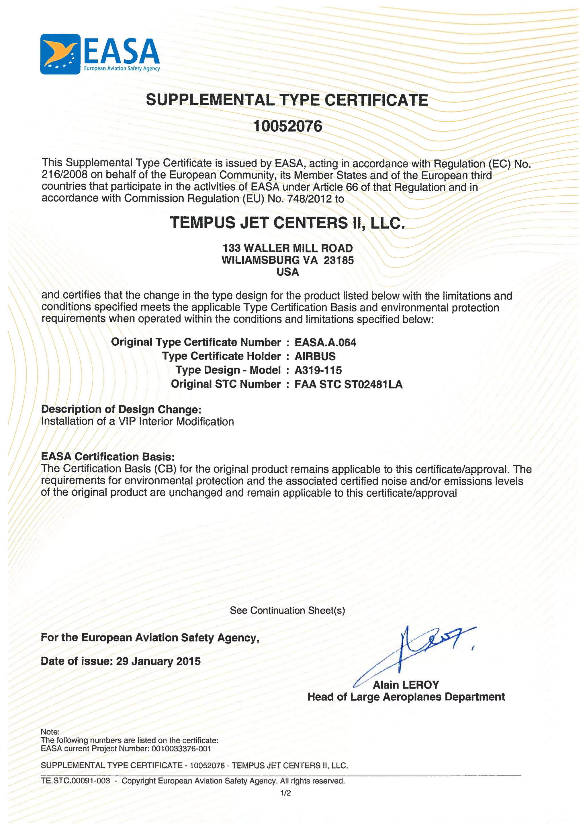 A319 EASA STC 10052076_CERT_REV_0_20150129 | PDF