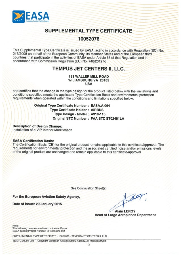 A319 EASA STC 10052076_CERT_REV_0_20150129 | PDF