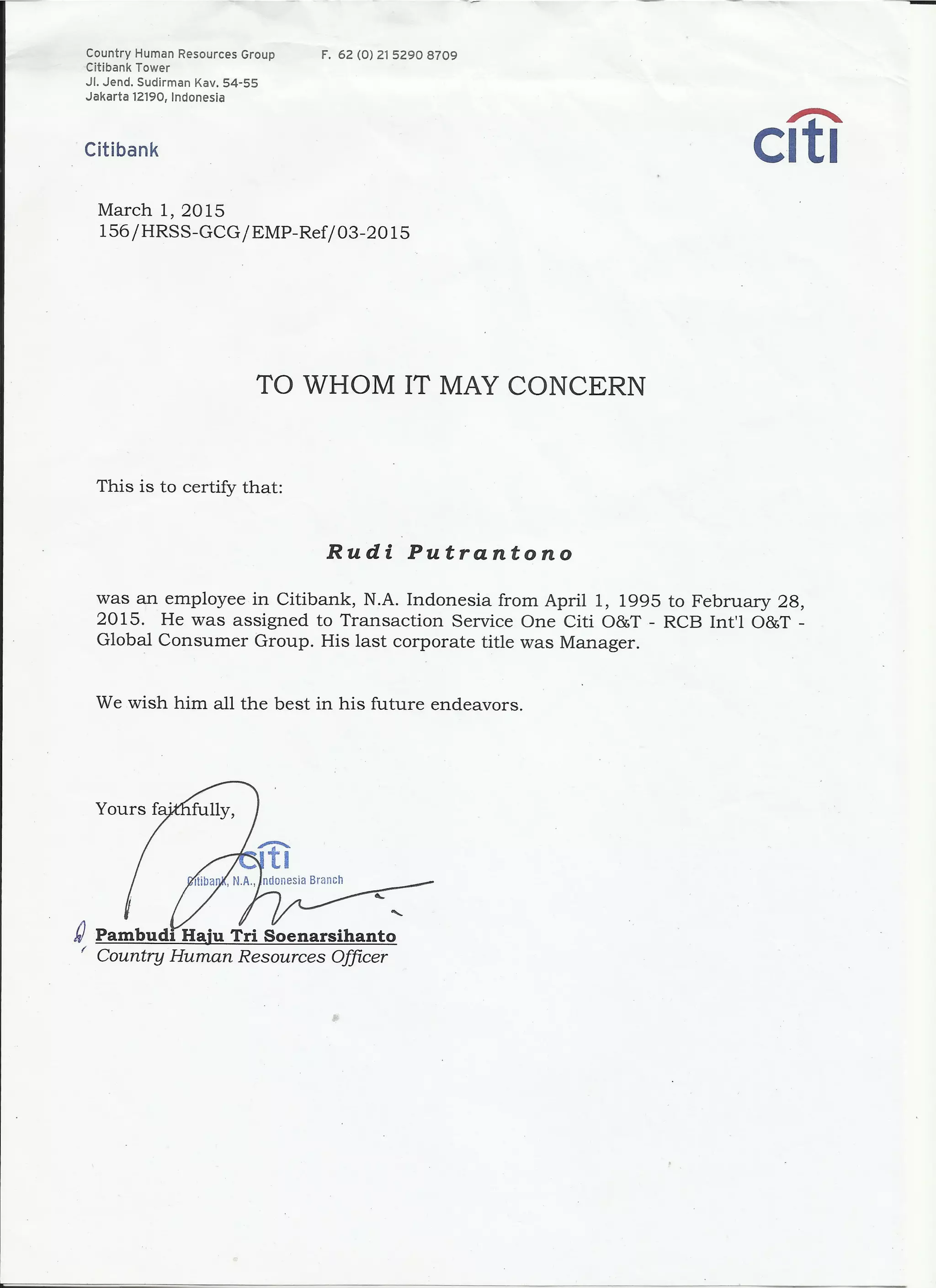 Citibank Reference Letter | PDF