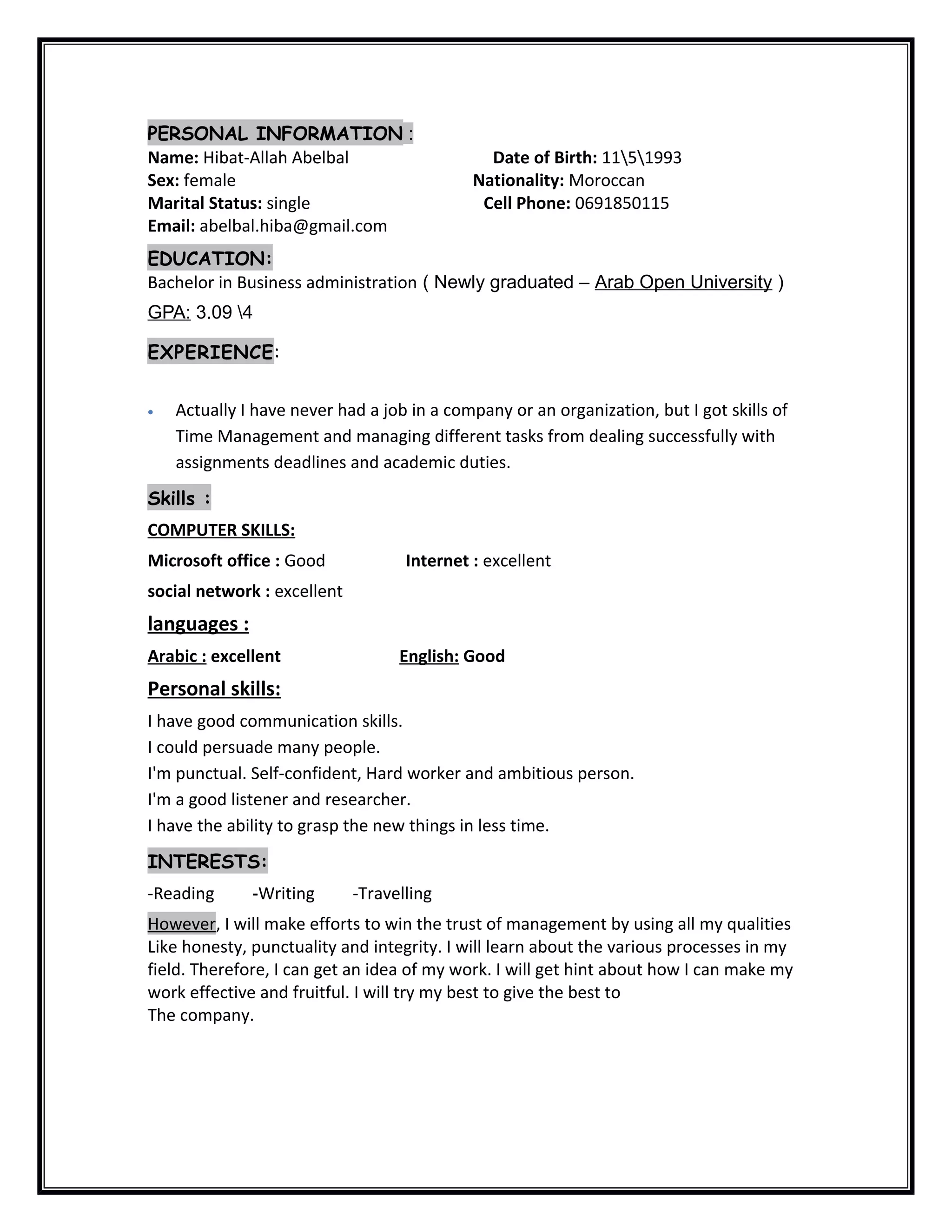 Cv Abelbal Hiba | PDF