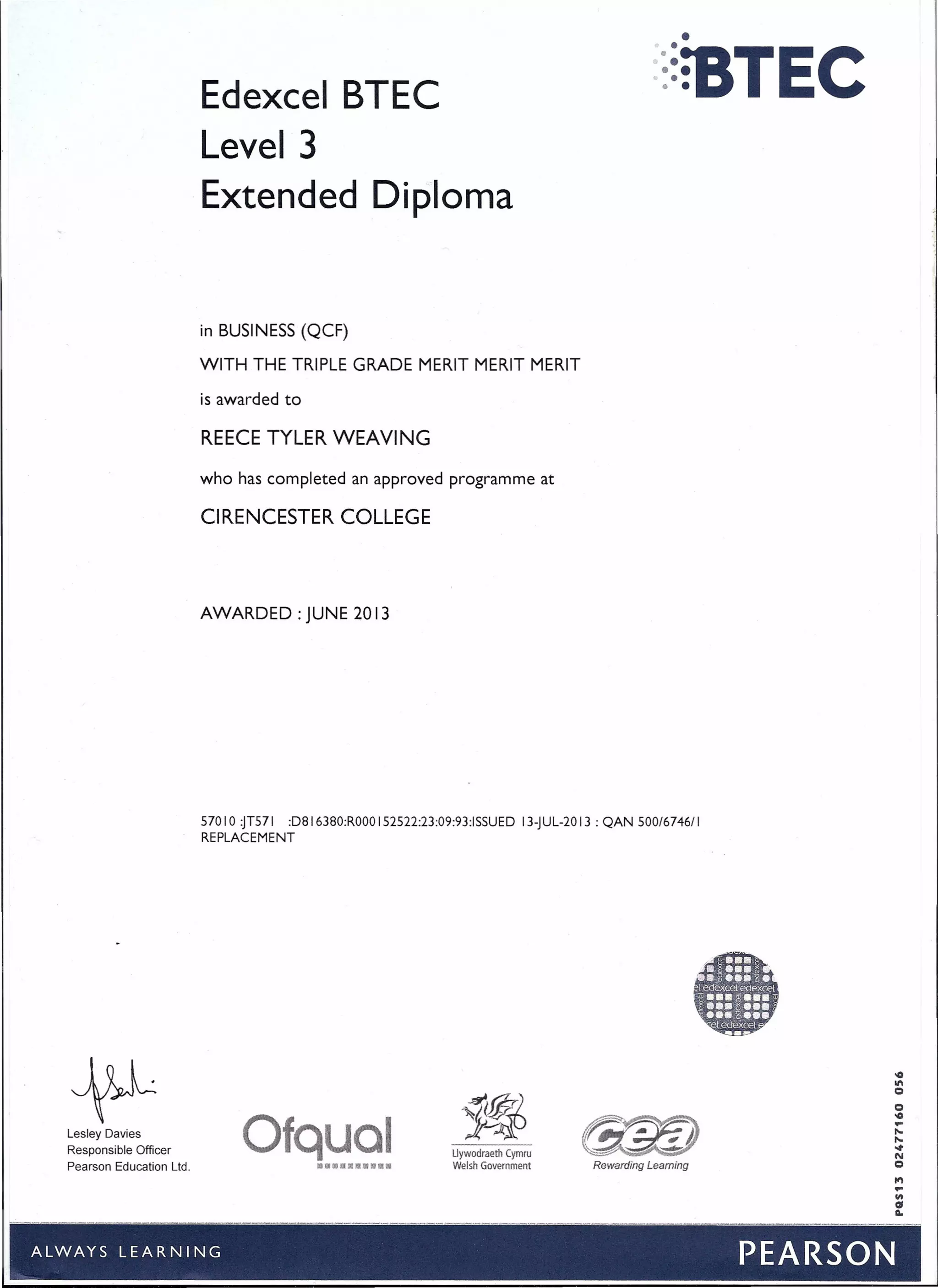 BTEC Extended Diploma in Business (QCF) Reece Weaving | PDF
