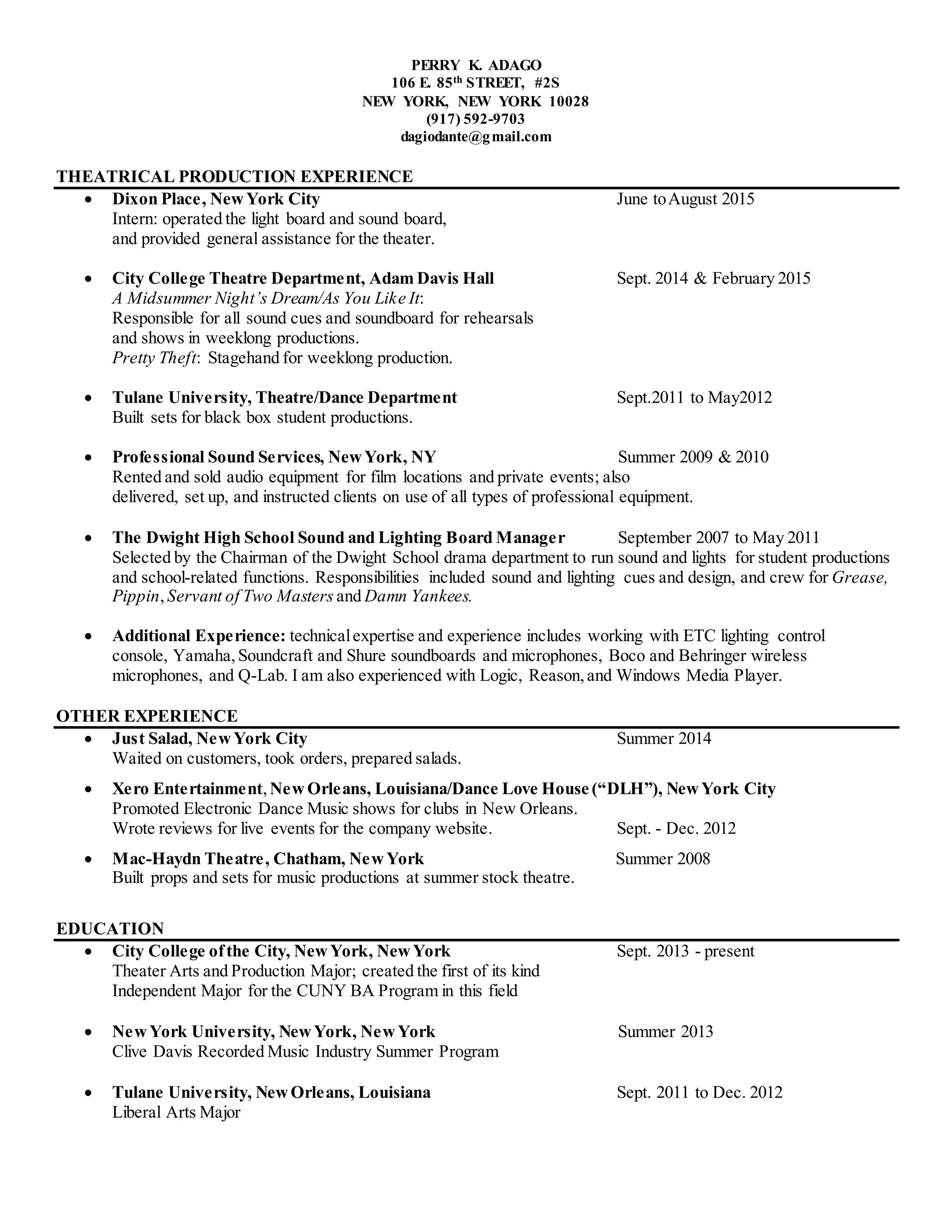 Perry Adago RESUME (March 2016) | DOCX | Theater Venues | Attractions