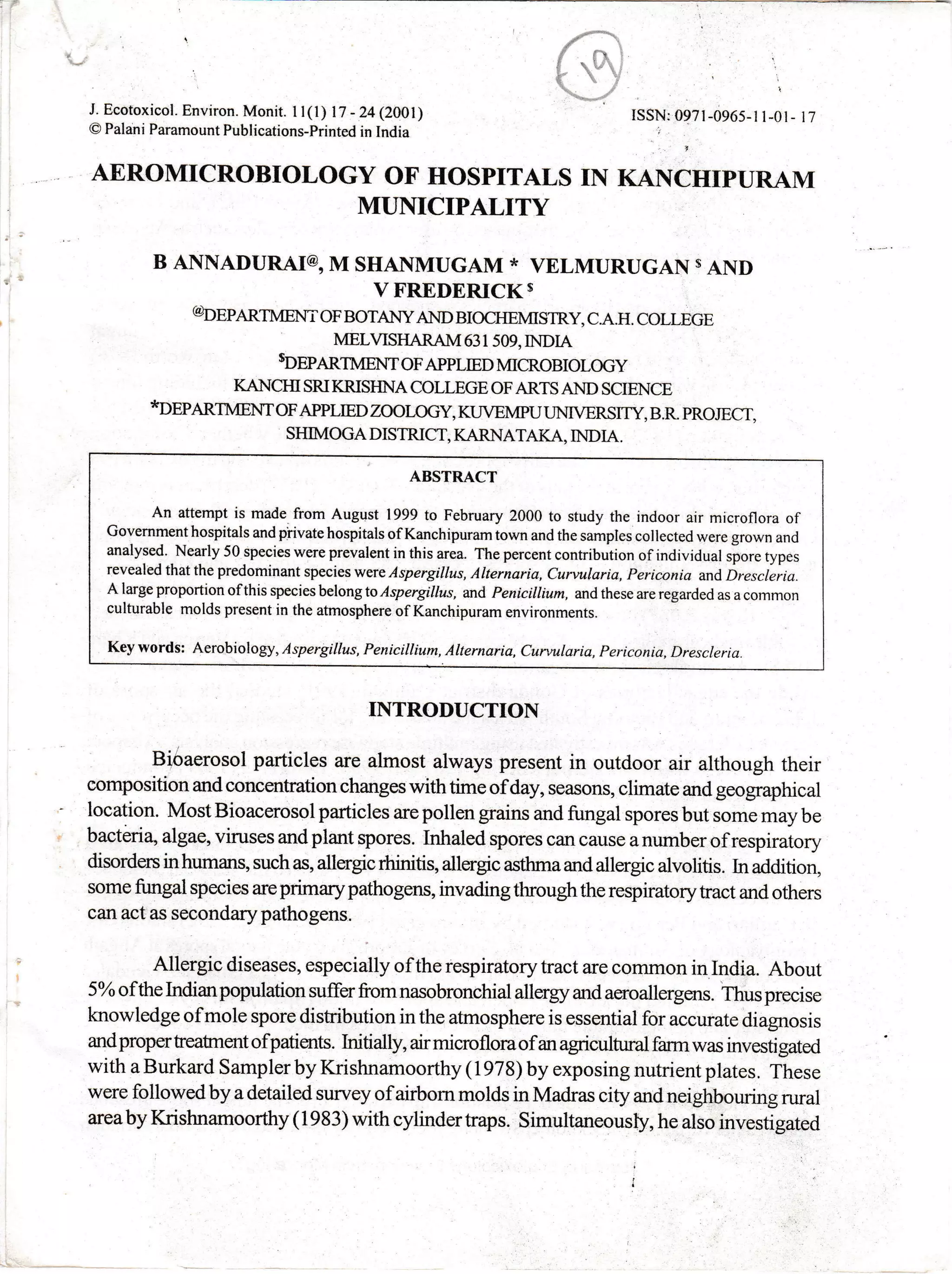 19.Aeromicrobiology of Hospitals in Kanchipuram municipality | PDF