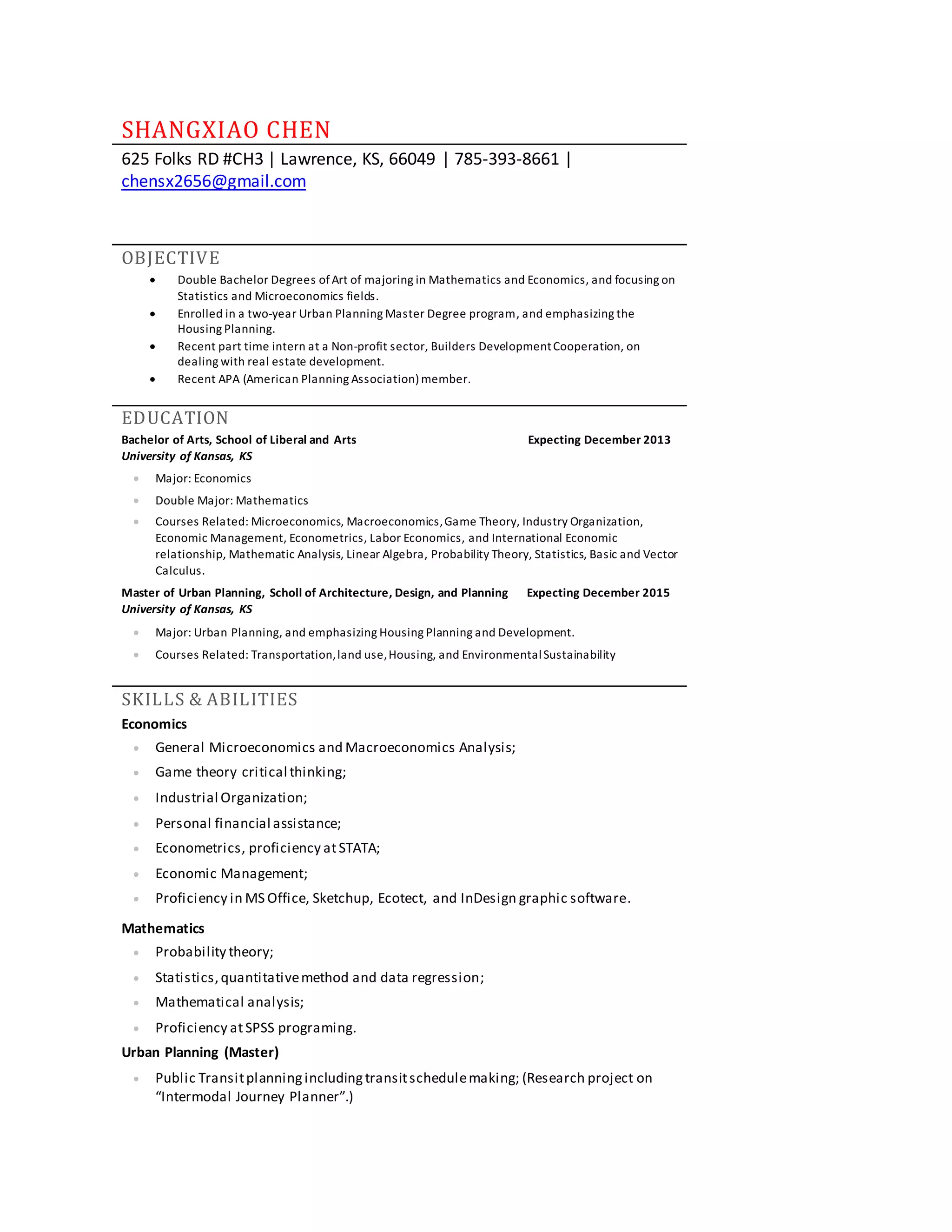 Resume_Shangxiao Chen | DOCX | Government Support and Welfare | Financial Assistance