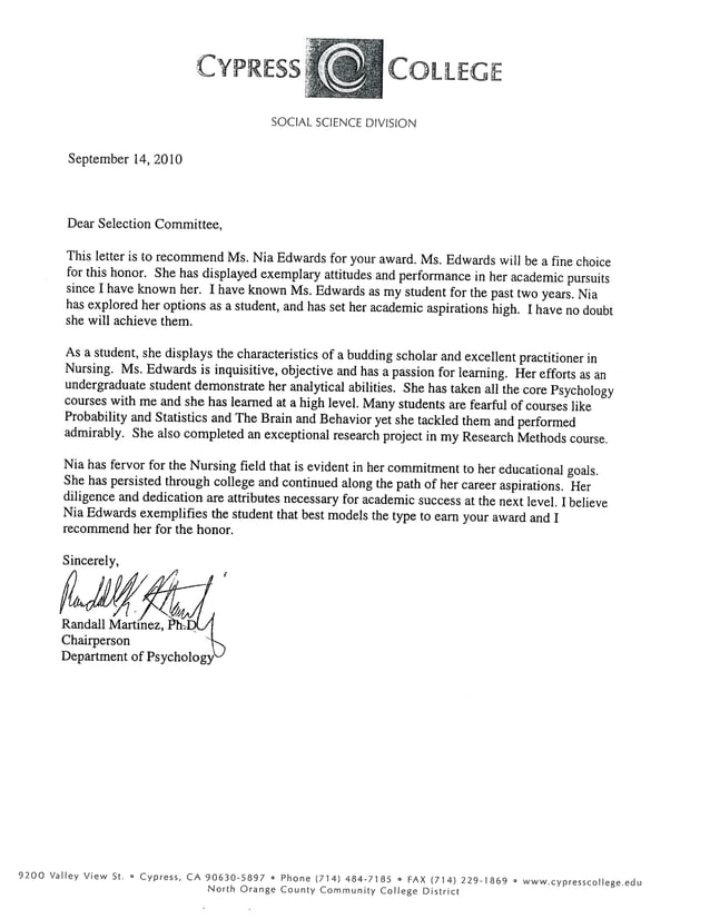 Letter of recommendation from Psych Prof