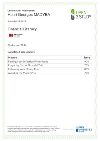 Certificate of Achievement in Financial Literacy | PDF