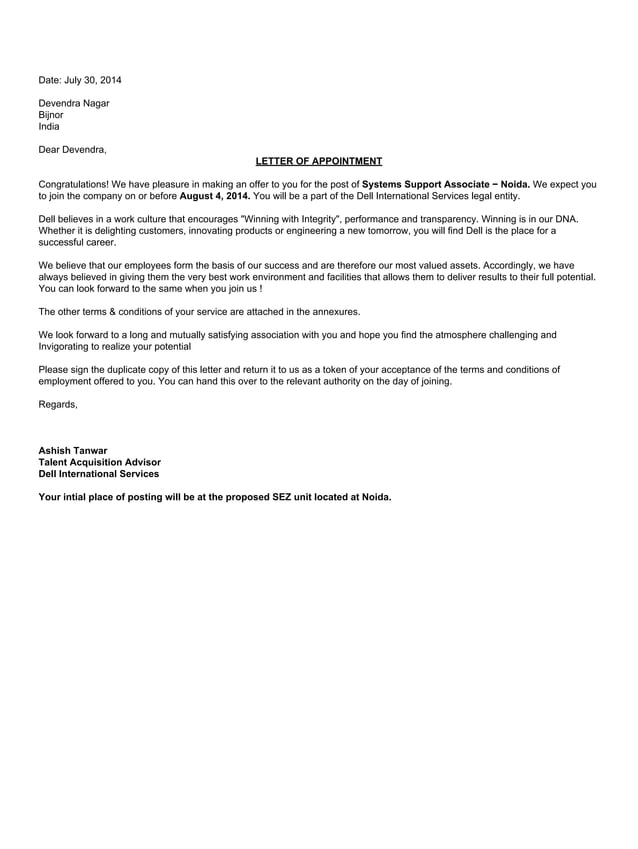 Dell's Offfer letter | PDF