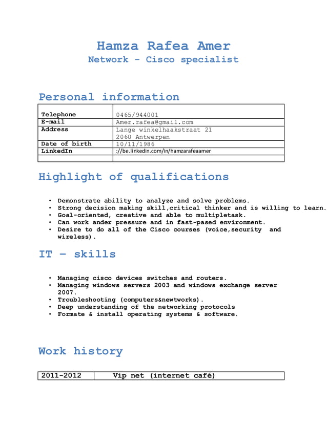 CV Hamza Rafea Amer | DOCX | Technology & Computing