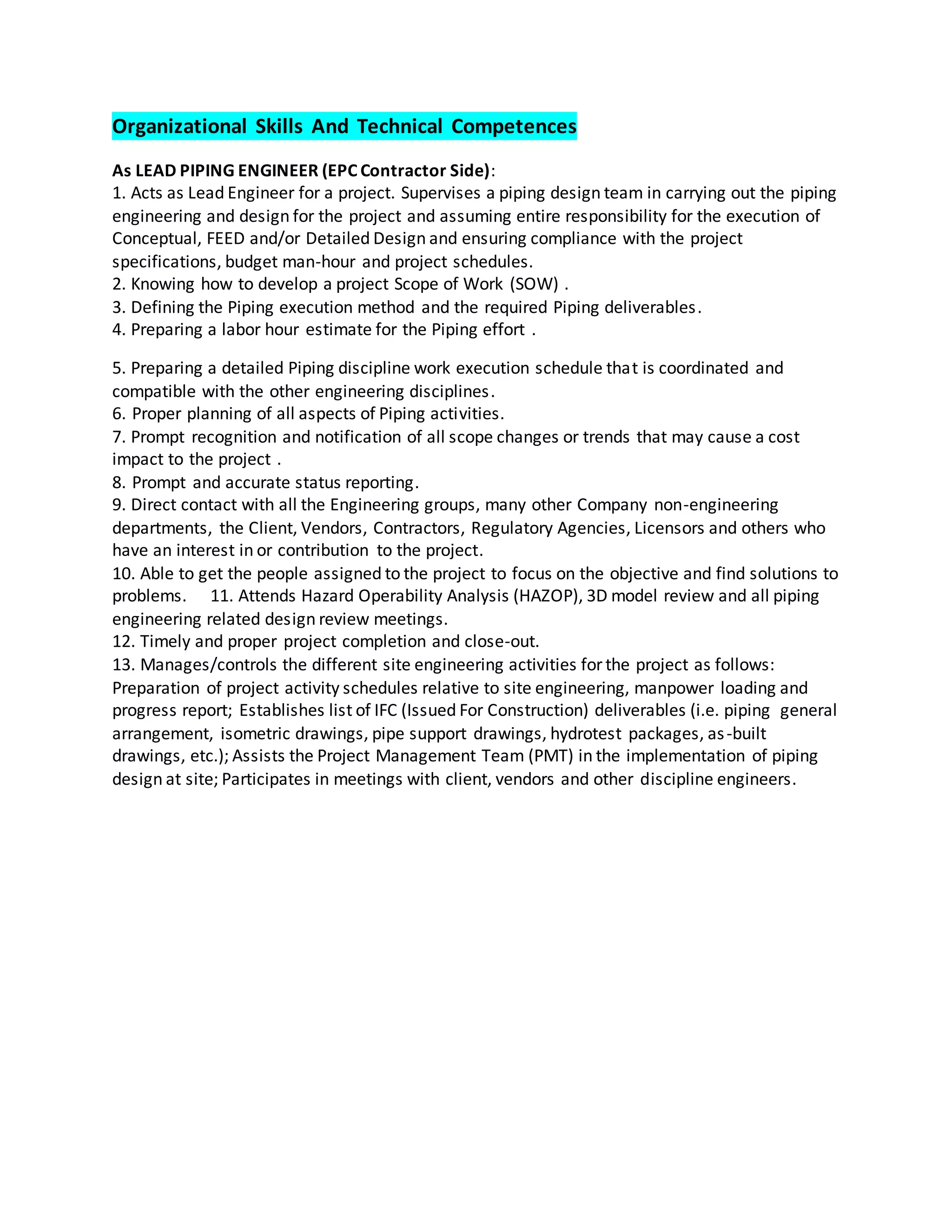 Organizational Skills And Technical Competences as LEAD PIPING ENGINEER (EPC -Contractor Side ...