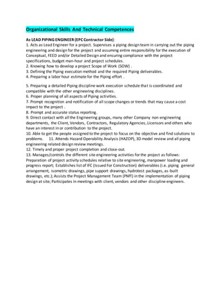 Organizational Skills And Technical Competences as LEAD PIPING ENGINEER ...