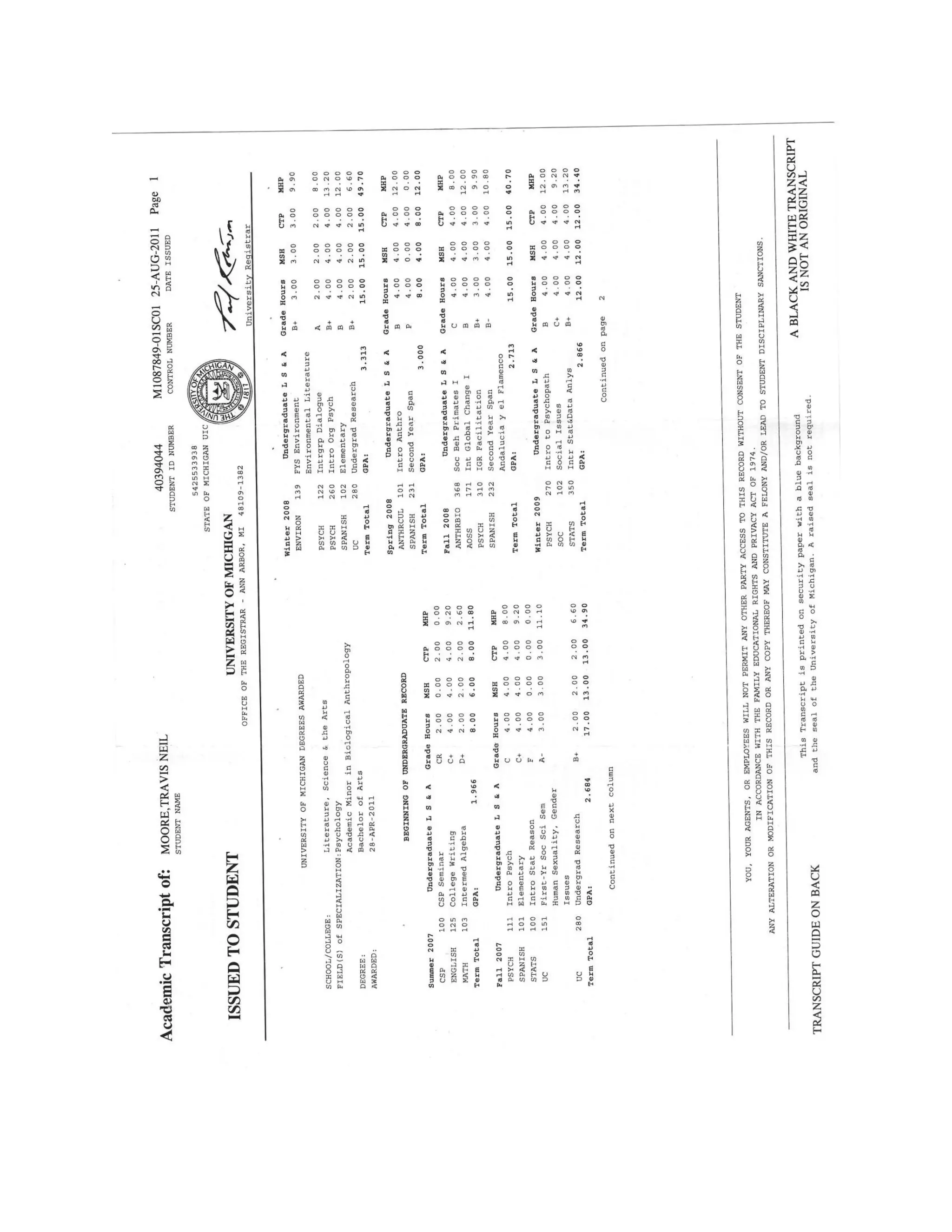 U of M Official Transcript | PDF
