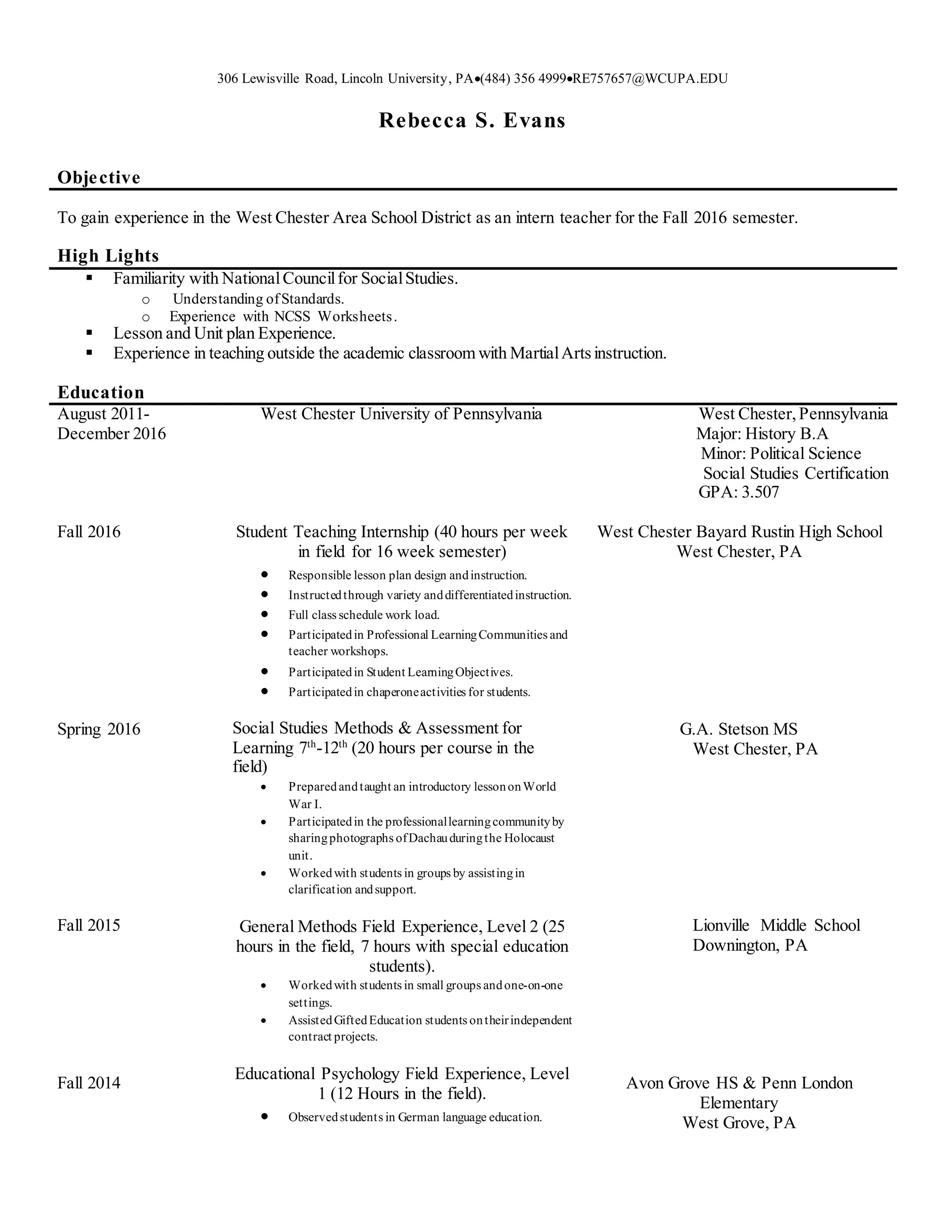 Student Teaching Resume REvans | DOCX | Professional School | Postgraduate Education