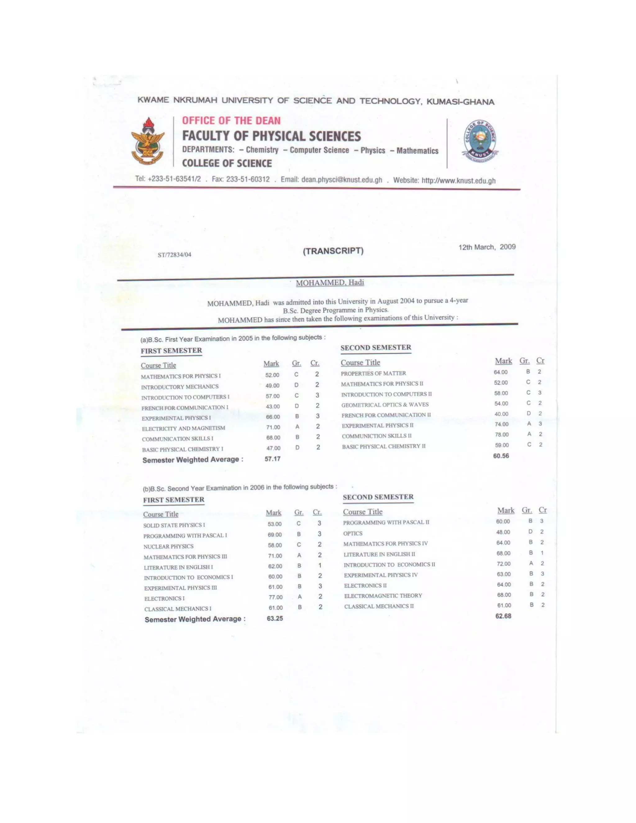 MSc and BSc Transcripts | PDF