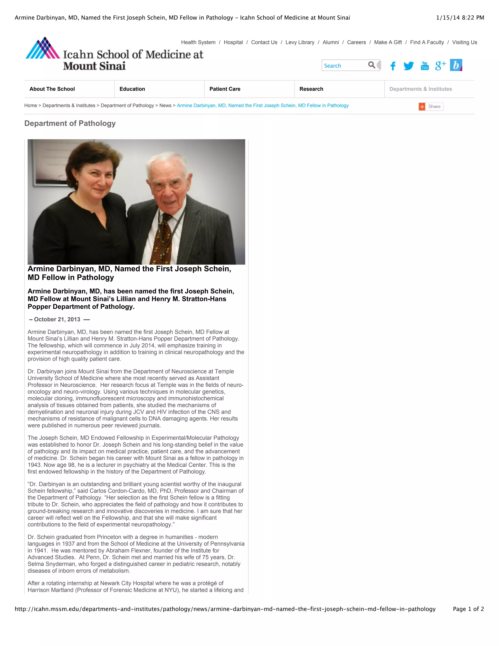 Armine Darbinyan, MD, Named the First Joseph Schein, MD Fellow in ...