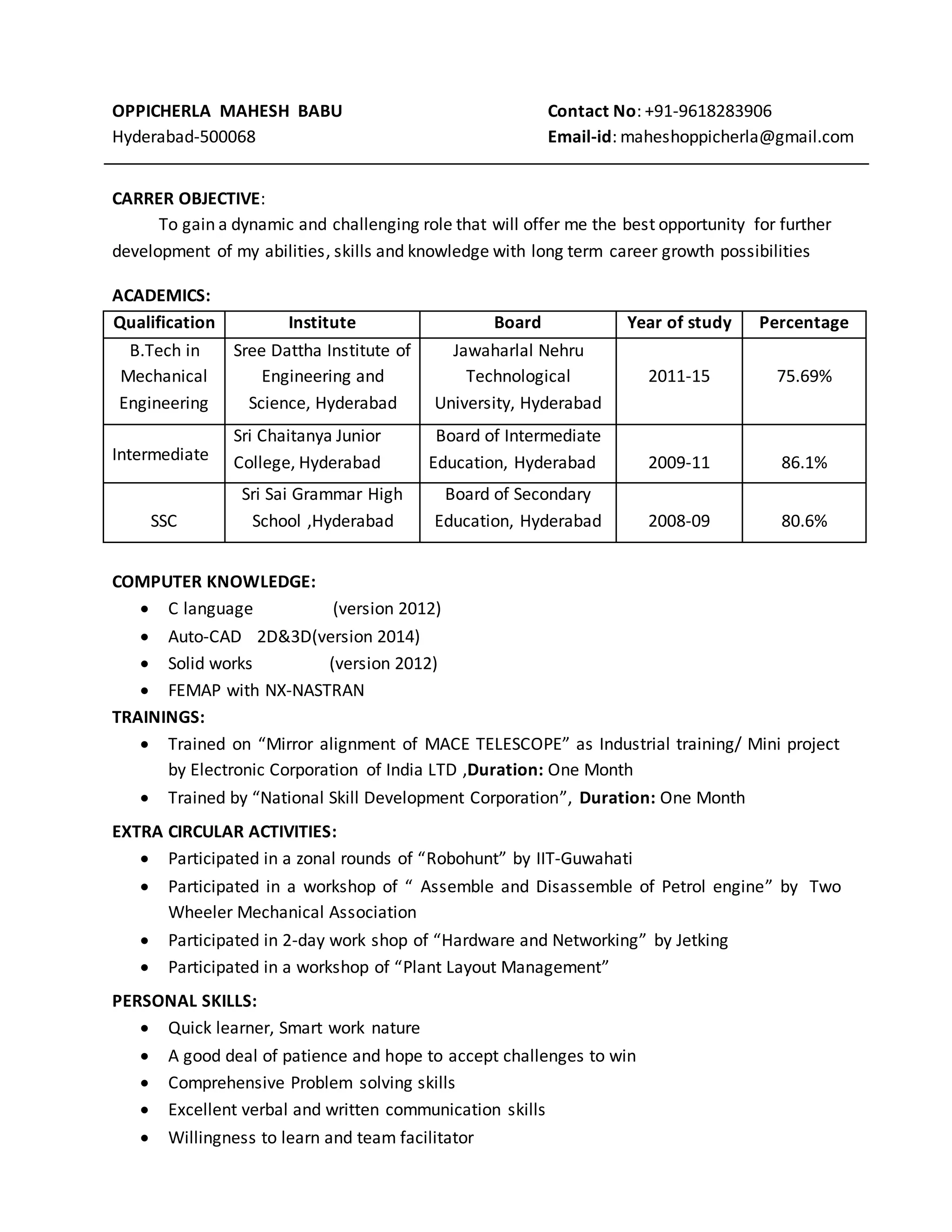 resume of mahesh | DOCX | Science