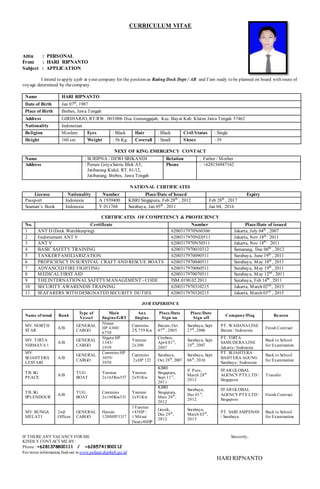 CURRICULUM VITAE HARI RIPNANTO | DOCX | Cruises | Travel Type