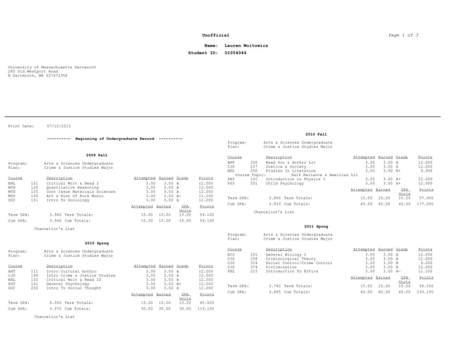 Unofficial Transcript UMD | PDF