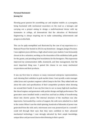 Personal Statement - Jusong Cai | DOCX | Woodworking | Arts and Crafts