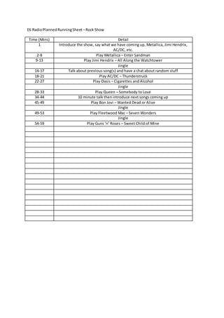E6 radio planned running sheet (2) | DOCX | Rock Music | Music